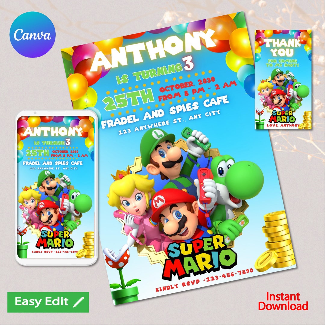 Invitación de Super Mario Bros, invitación de cumpleaños de Super Mario ...
