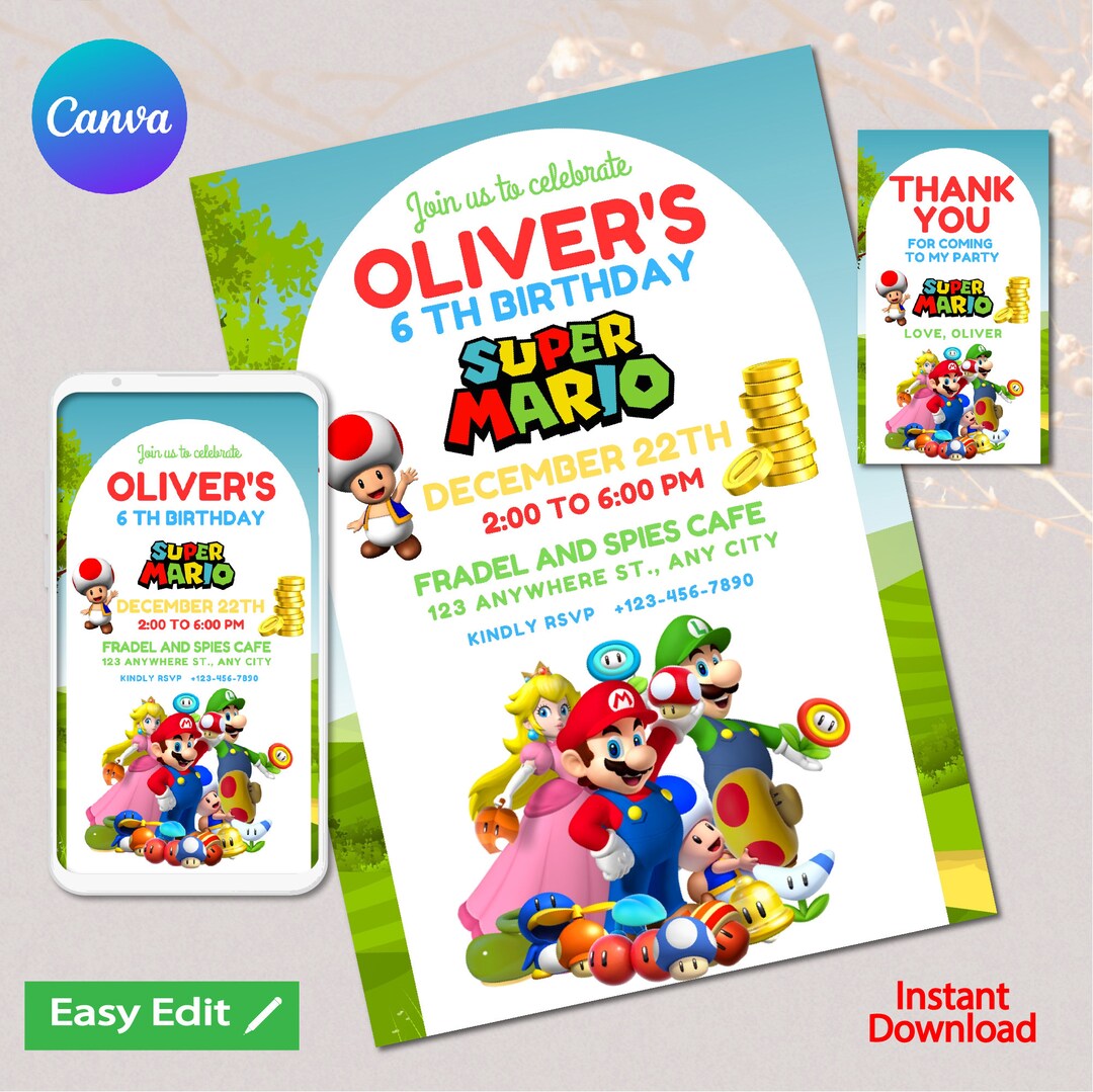 Invitación de Super Mario Bros, invitación de cumpleaños de Super Mario ...