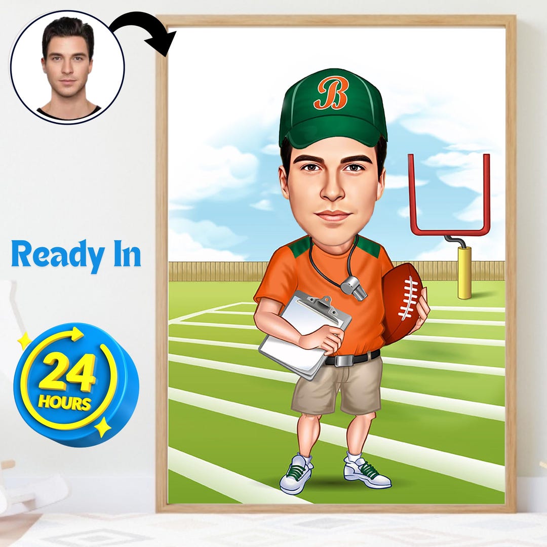 Custom Football Coach Cartoon Portrait, Football Portrait, NFL Gifts ...