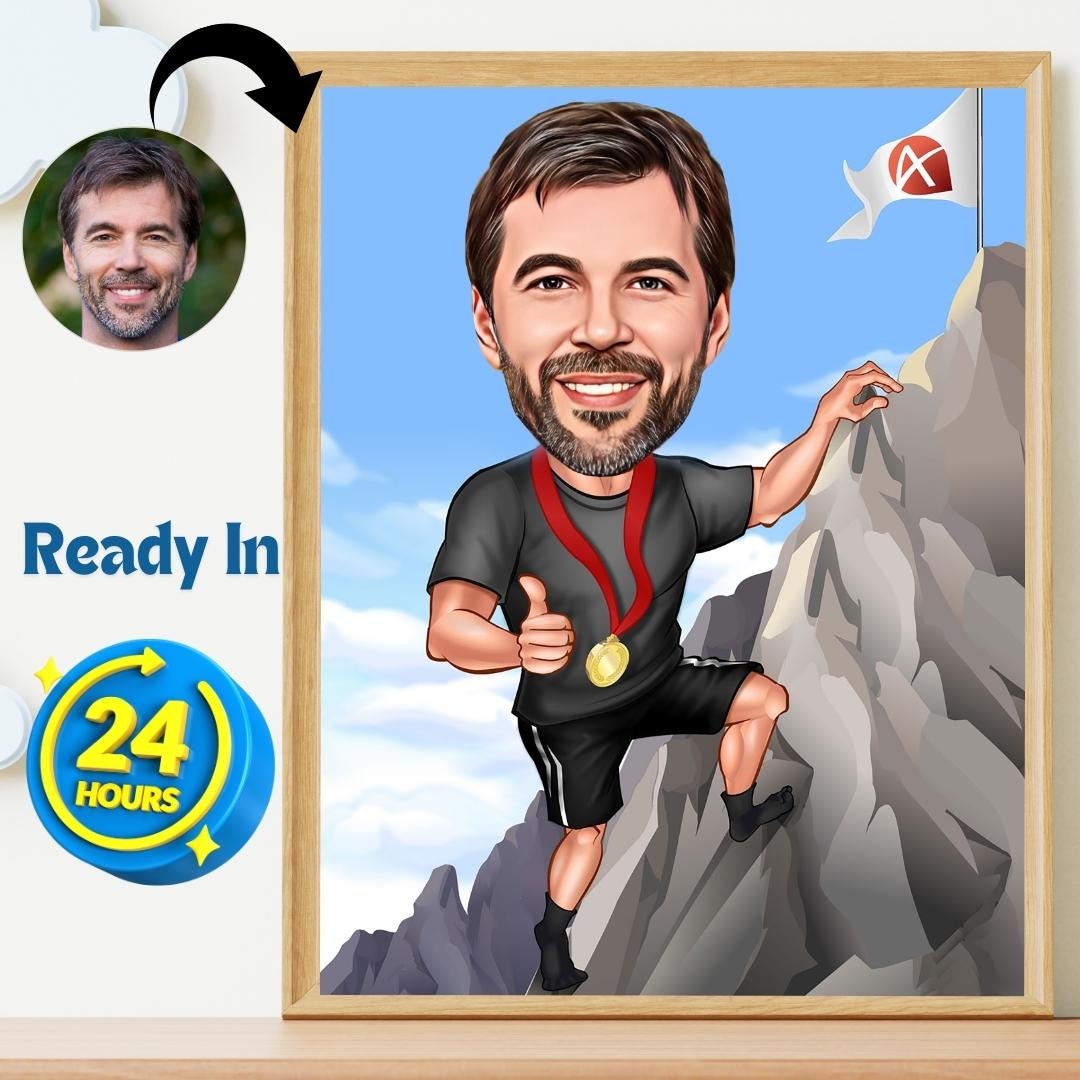 Custom Mountain Climber Caricature Drawing Custom Portrait From Photo ...