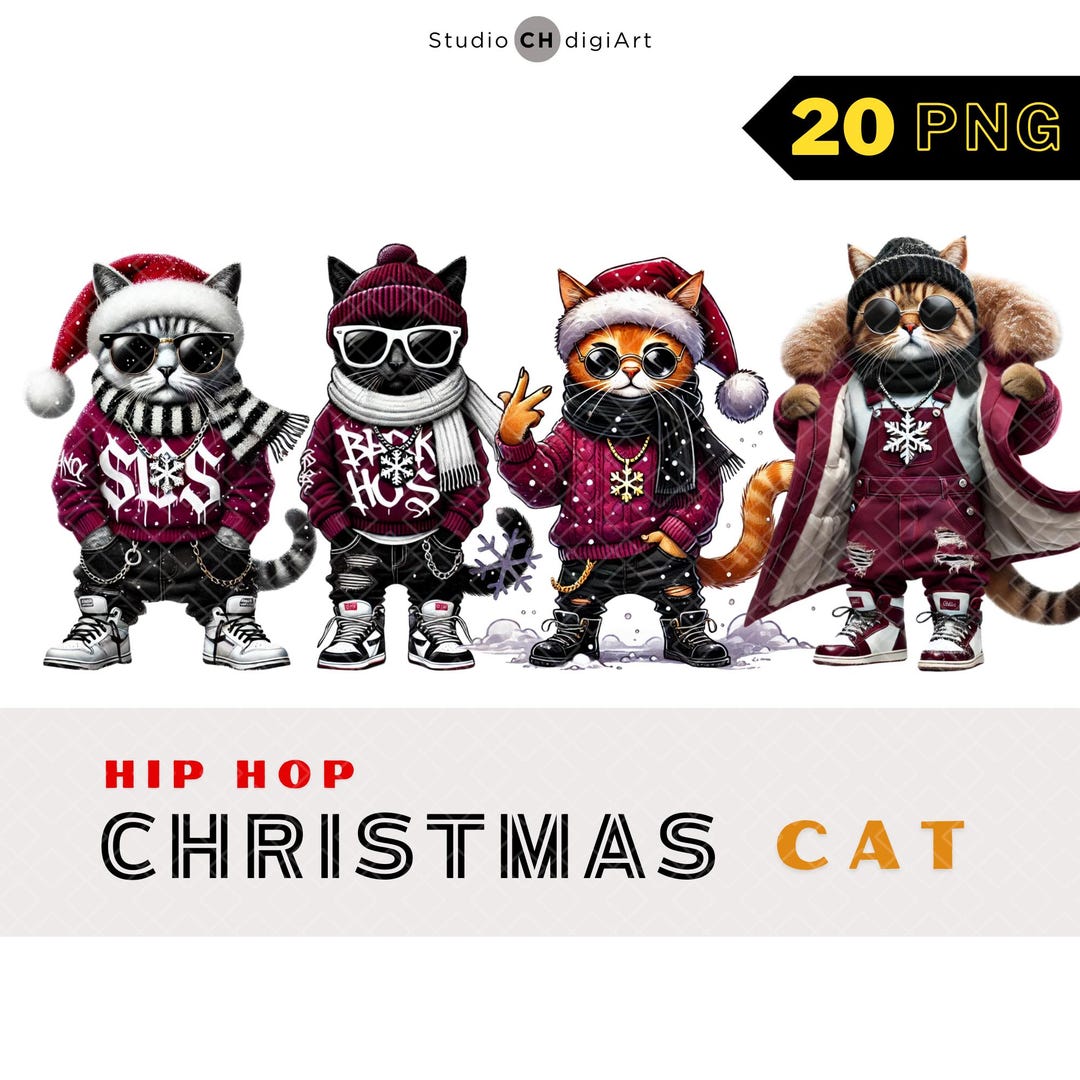 3D Hip Hop Christmas Cat Clipart, Winter Cat PNG, Christmas Cat Clipart ...