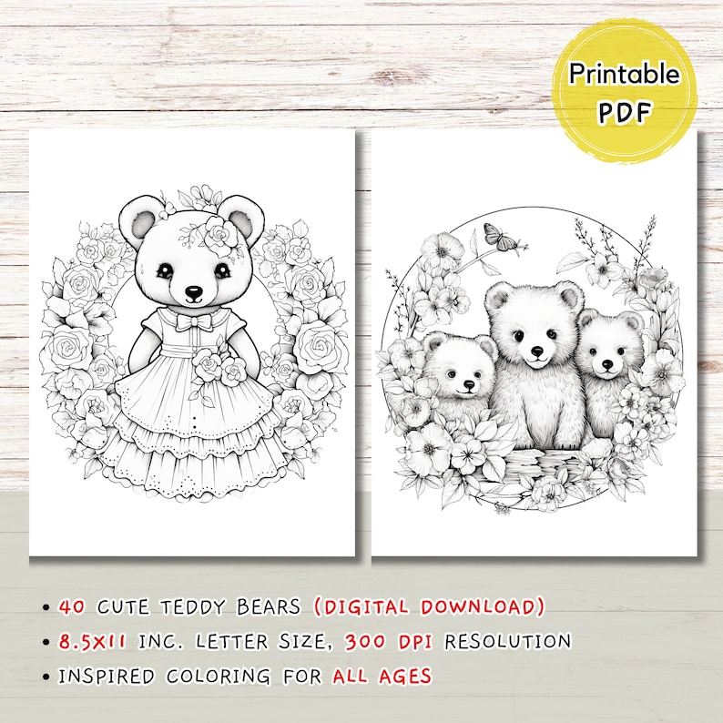 40 Cute Teddy Bear Coloring Pages for Adults and Kids, Blooming Flowers ...