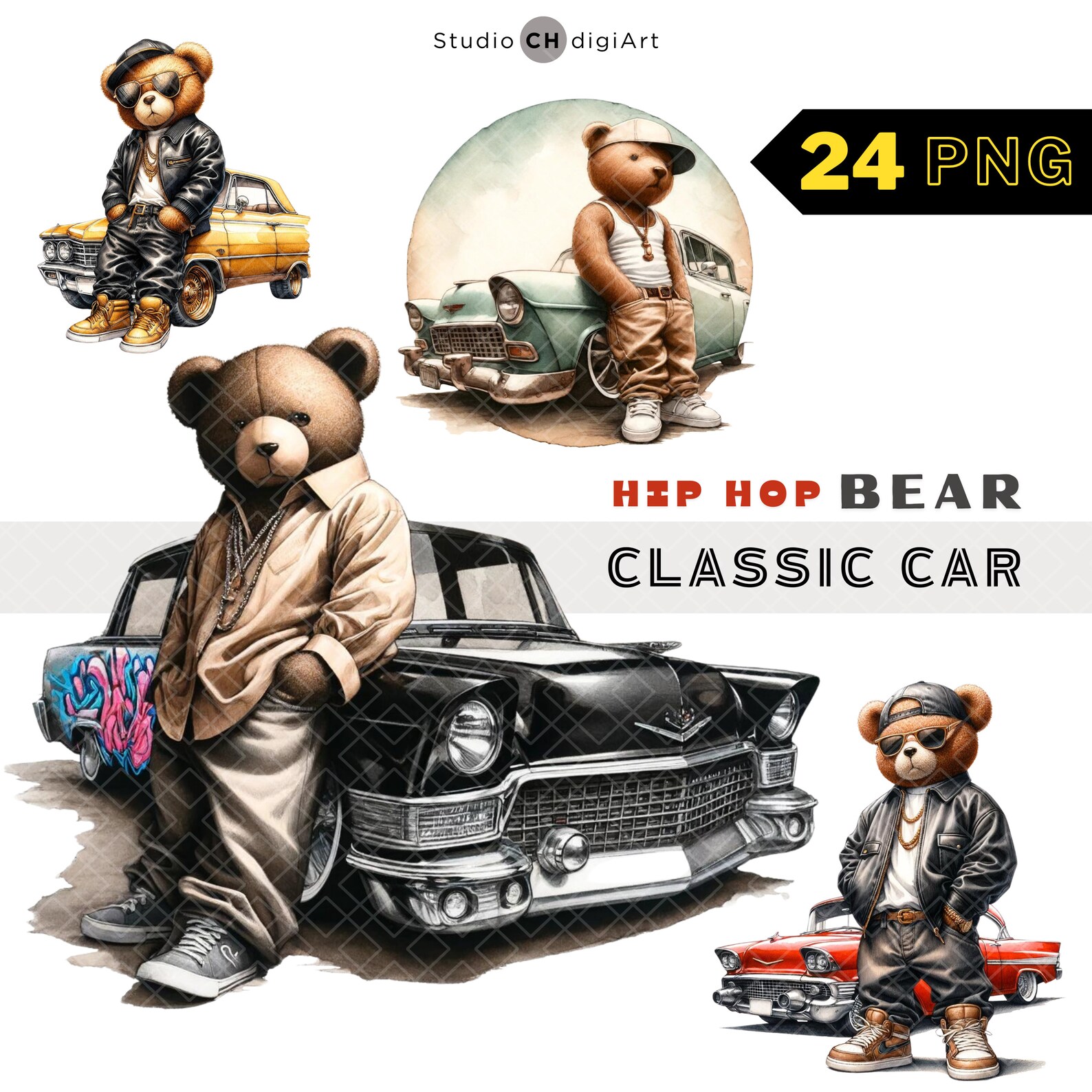Hip Hop Bear Classic Car Clipart, Vintage Car Clipart, Hip Hop PNG ...