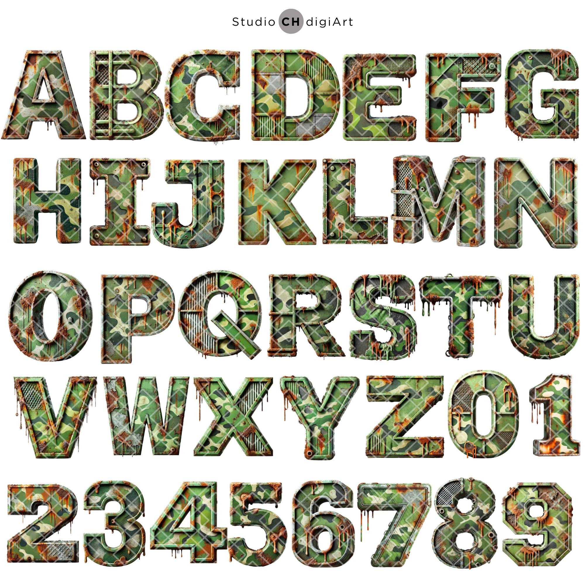 Rusty Military Alphabet Letters & Numbers, Military Font, Camouflage ...