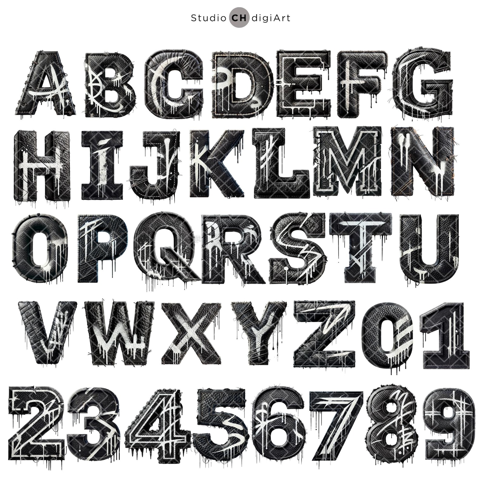 Black and White Graffiti Alphabet Letters & Numbers, Leather Alphabet ...