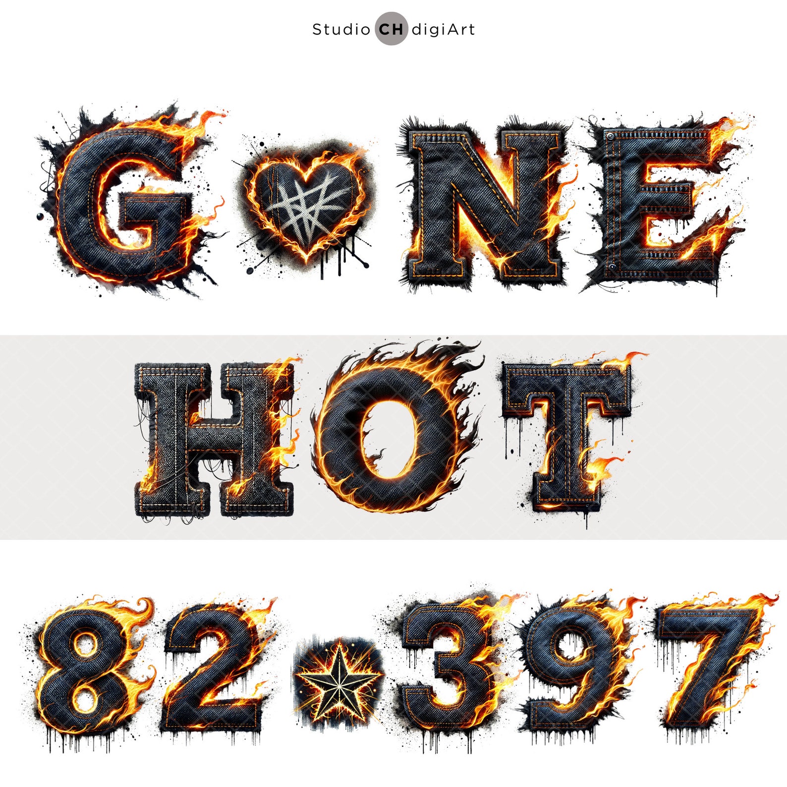 Fire Graffiti Alphabet Letters & Numbers, Black Denim Font, Fire Font ...