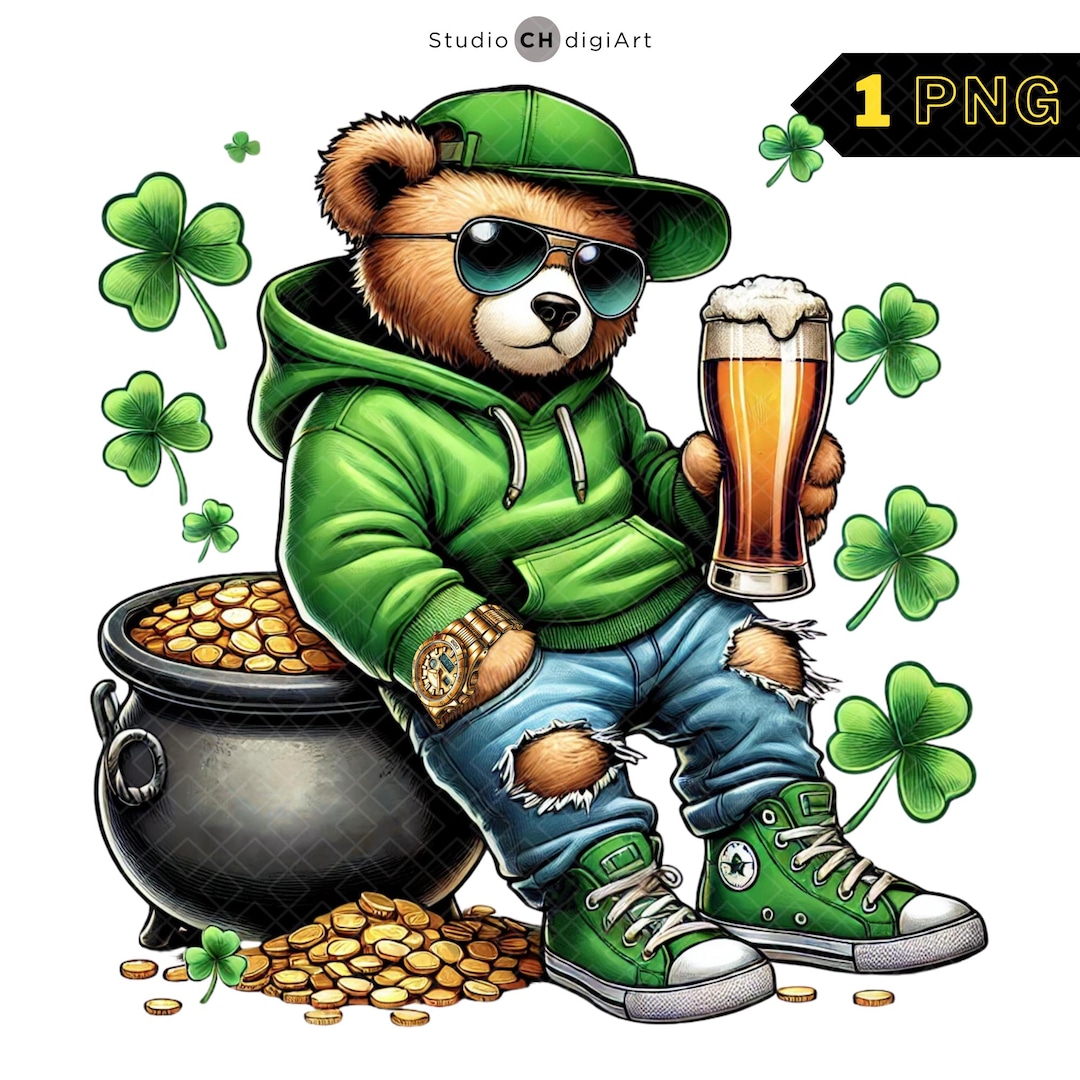 St Patrick's Day Teddy PNG, St Patrick's Day Bear Clipart, Hip Hop ...