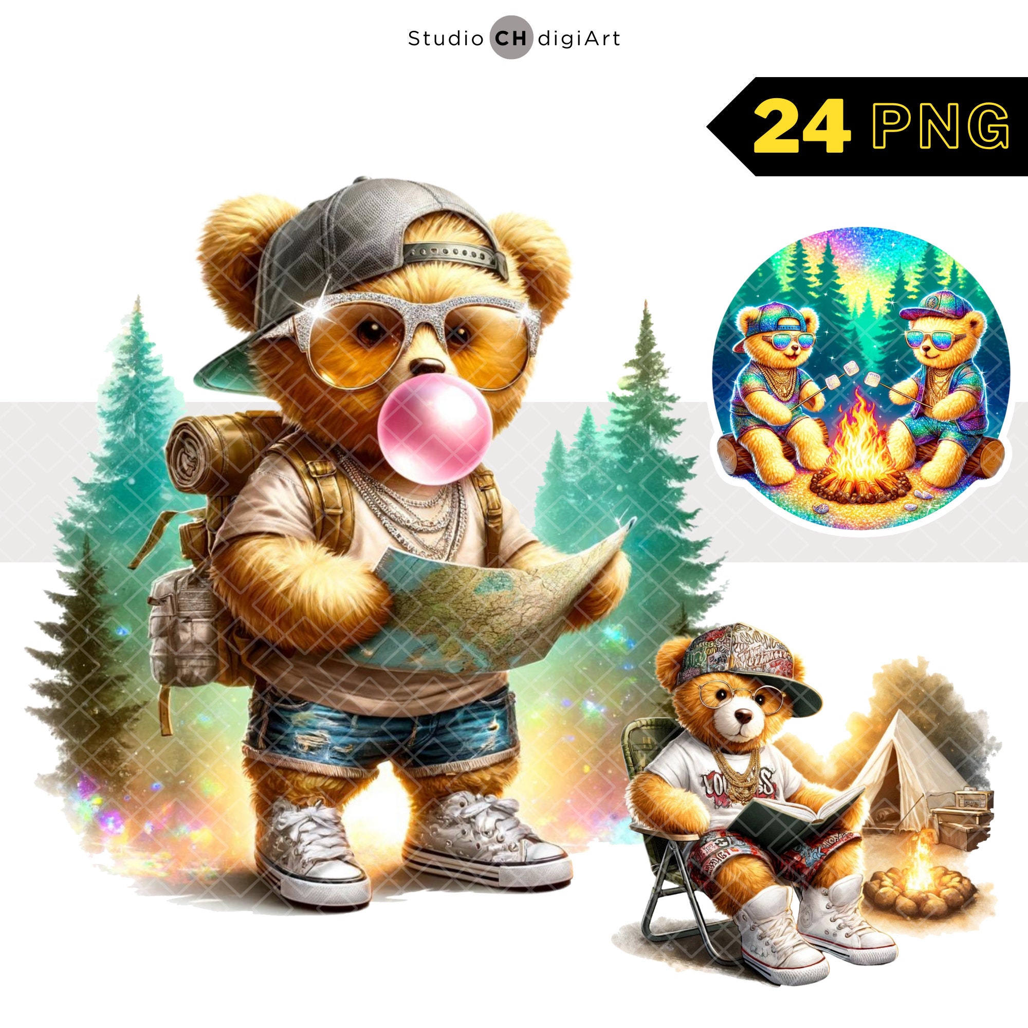 Hip Hop Camping Teddy Bear Clipart, 24 PNG Camper Teddy Bear, Summer ...
