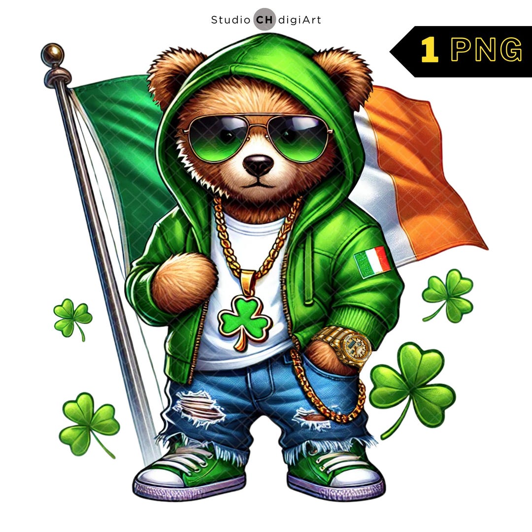 St Patrick's Day Teddy PNG, St Patrick's Day Bear Clipart, Hip Hop ...