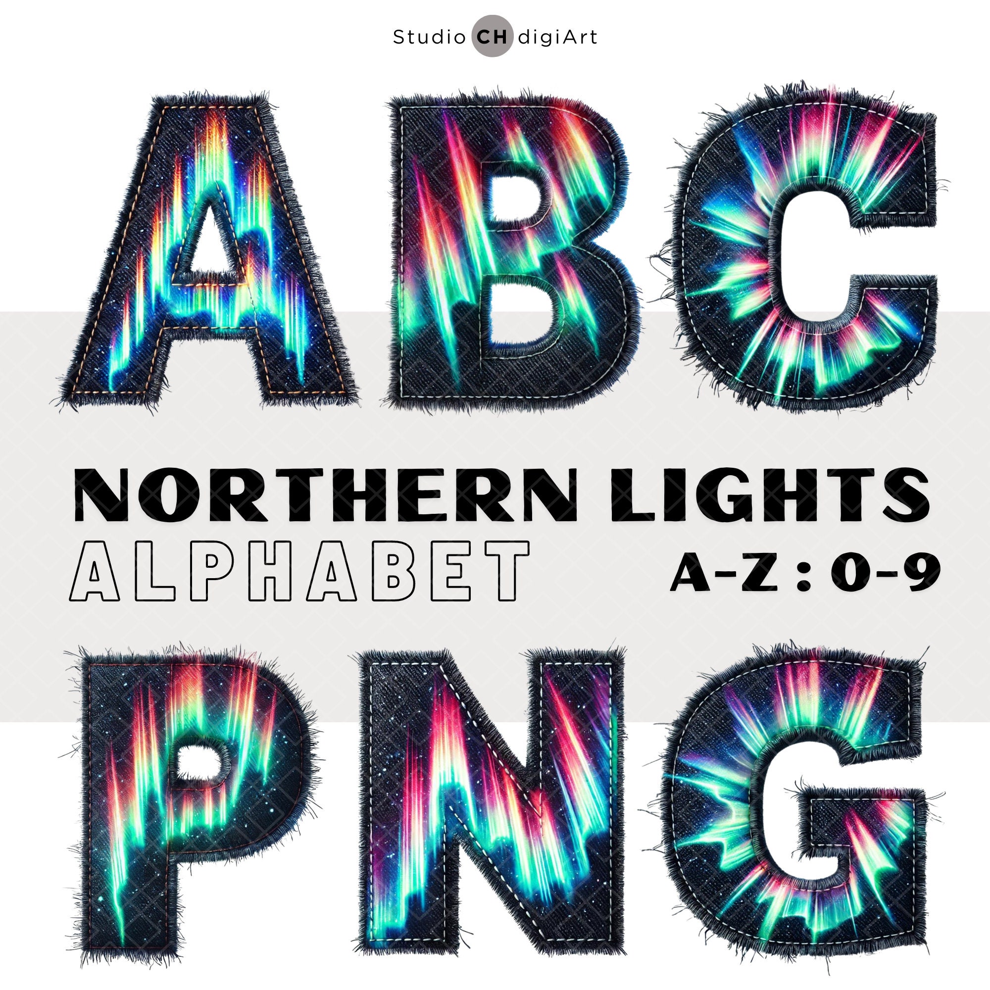 Northern Lights Alphabet Letters & Numbers, Aurora Font, Black Denim ...