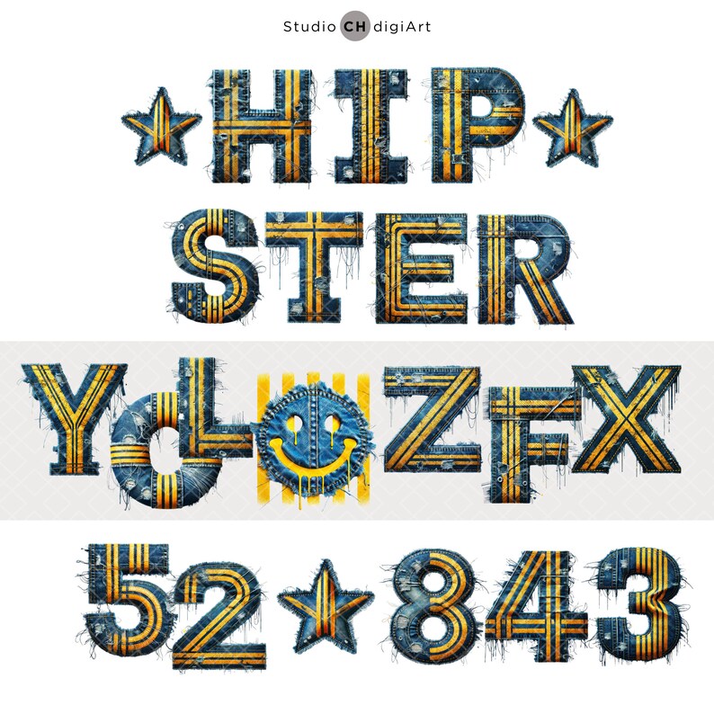 Yellow Striped Denim Alphabet Letters & Numbers, Traffic Lines Font ...