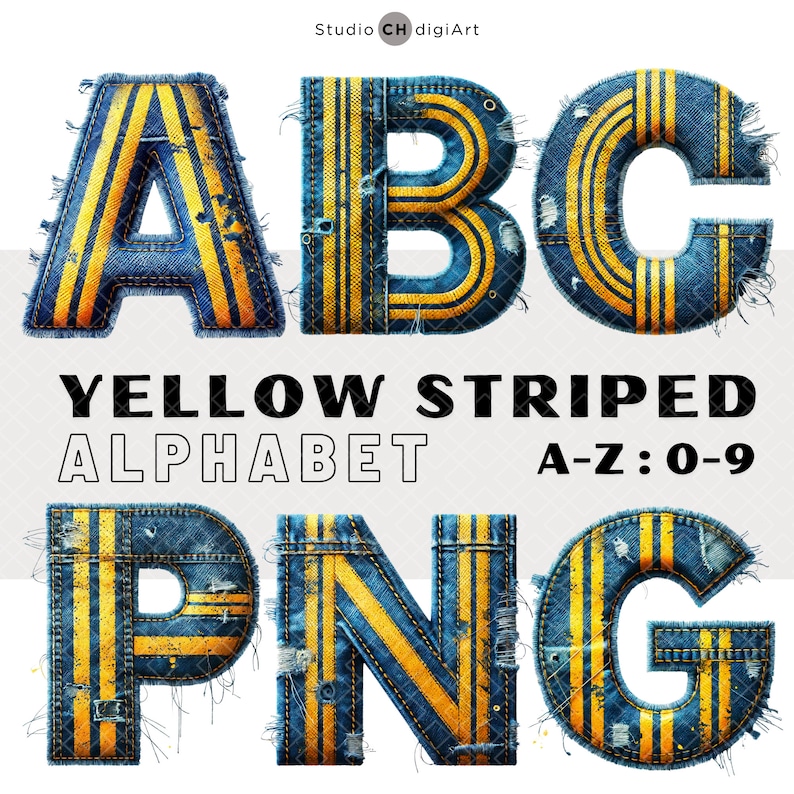 Yellow Striped Denim Alphabet Letters & Numbers, Traffic Lines Font ...