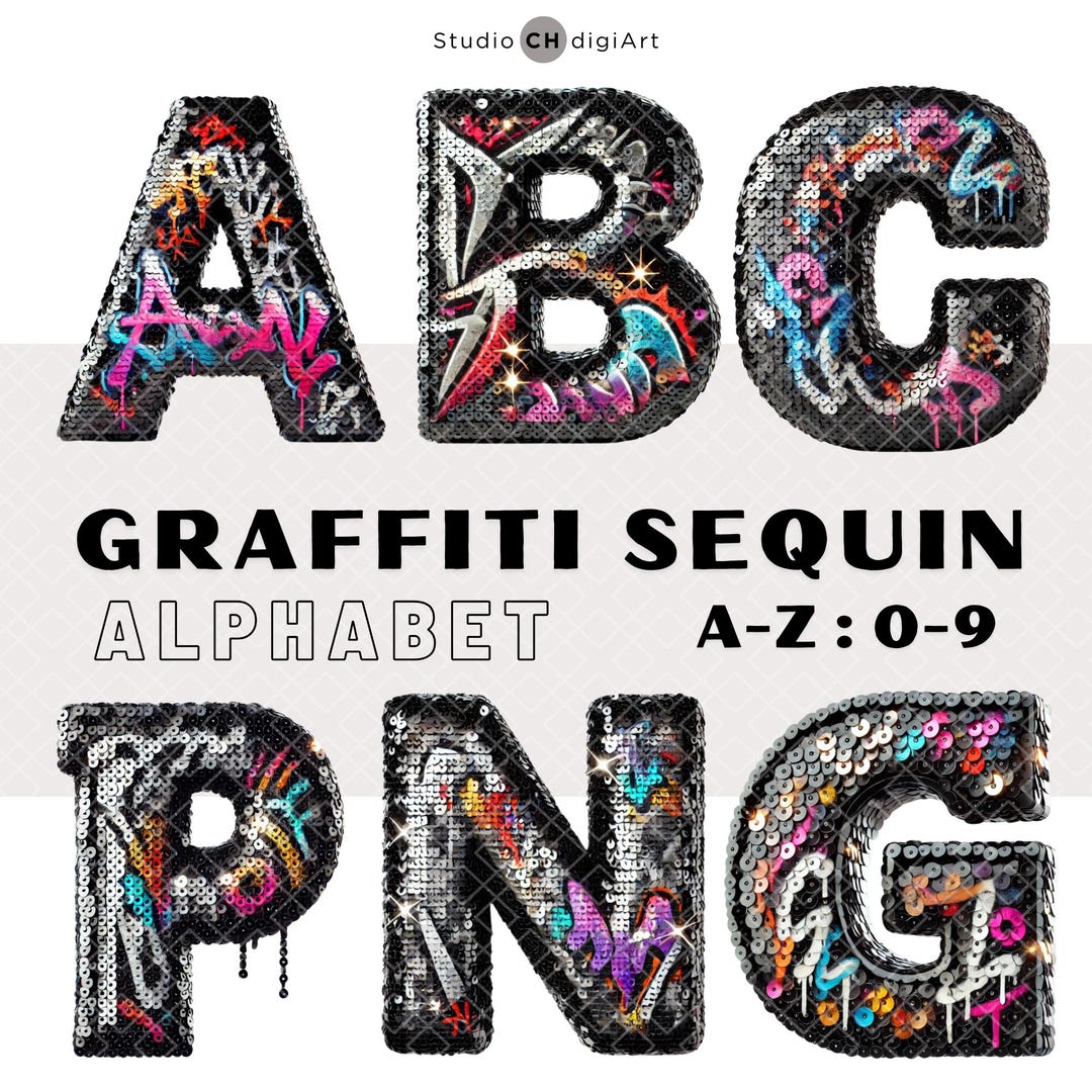 Graffiti Sequin Alphabet Letters & Numbers, Sequin Font, Sequin ...