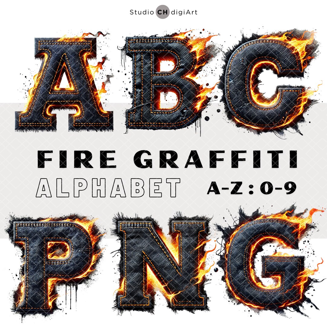 Fire Graffiti Alphabet Letters & Numbers, Black Denim Font, Fire Font ...