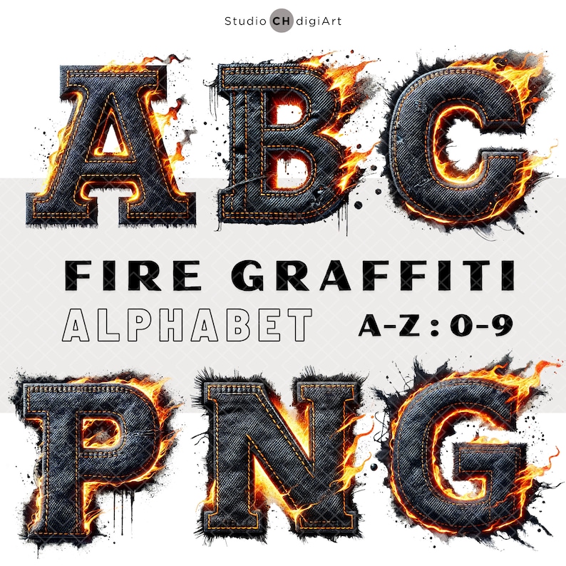Fire Graffiti Alphabet Letters & Numbers, Black Denim Font, Fire Font ...