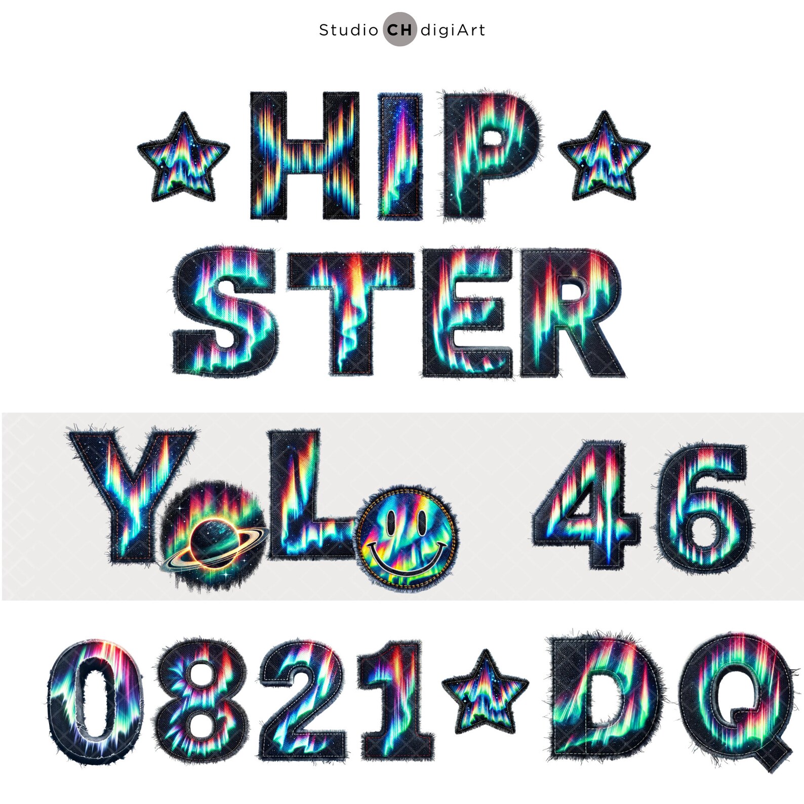 Northern Lights Alphabet Letters & Numbers, Aurora Font, Black Denim ...