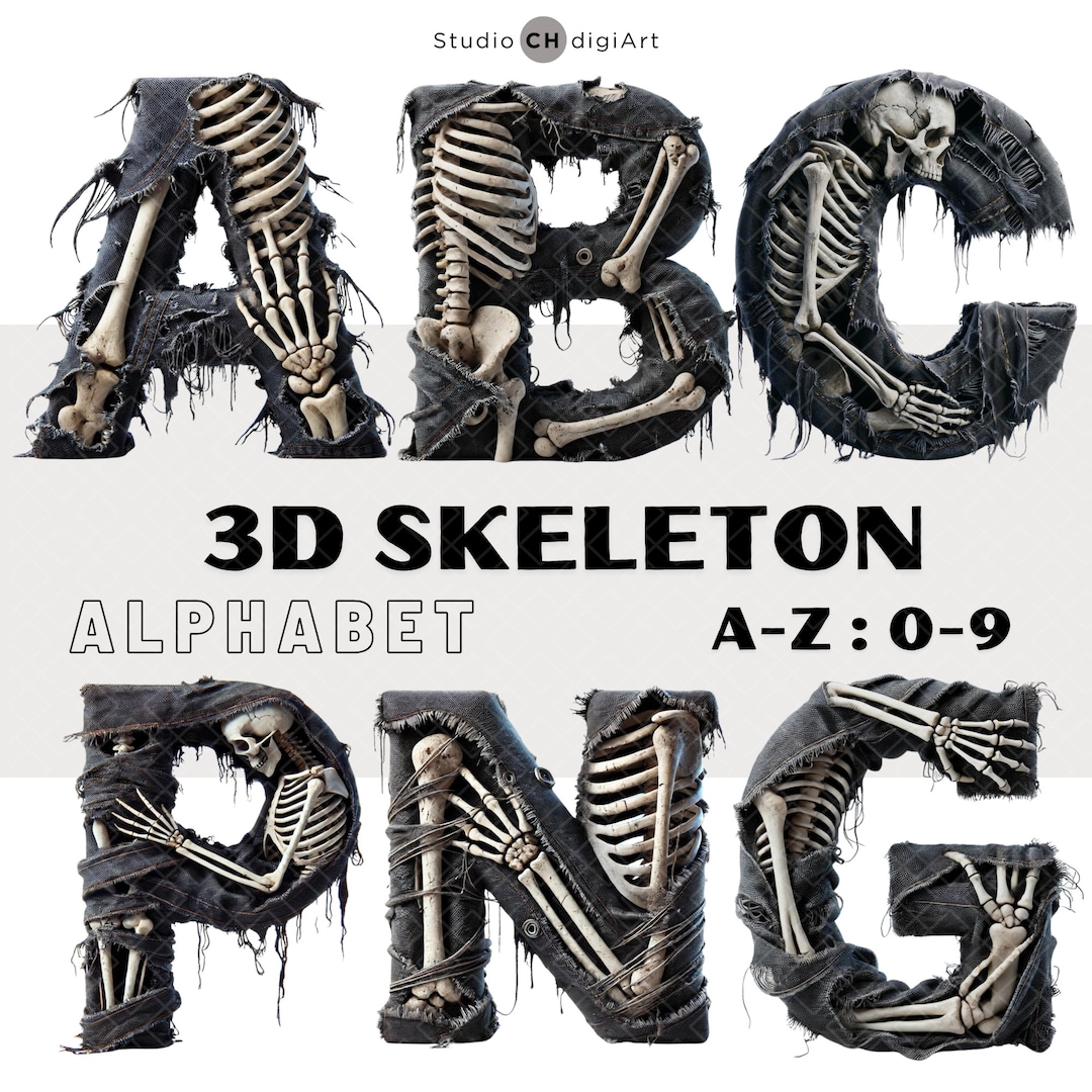 3D Skeleton Alphabet Letters & Numbers, 3D Halloween Font, Black Denim ...
