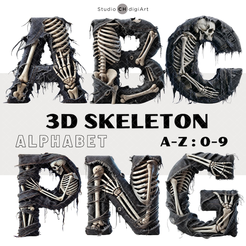 3D Skeleton Alphabet Letters & Numbers, 3D Halloween Font, Black Denim ...