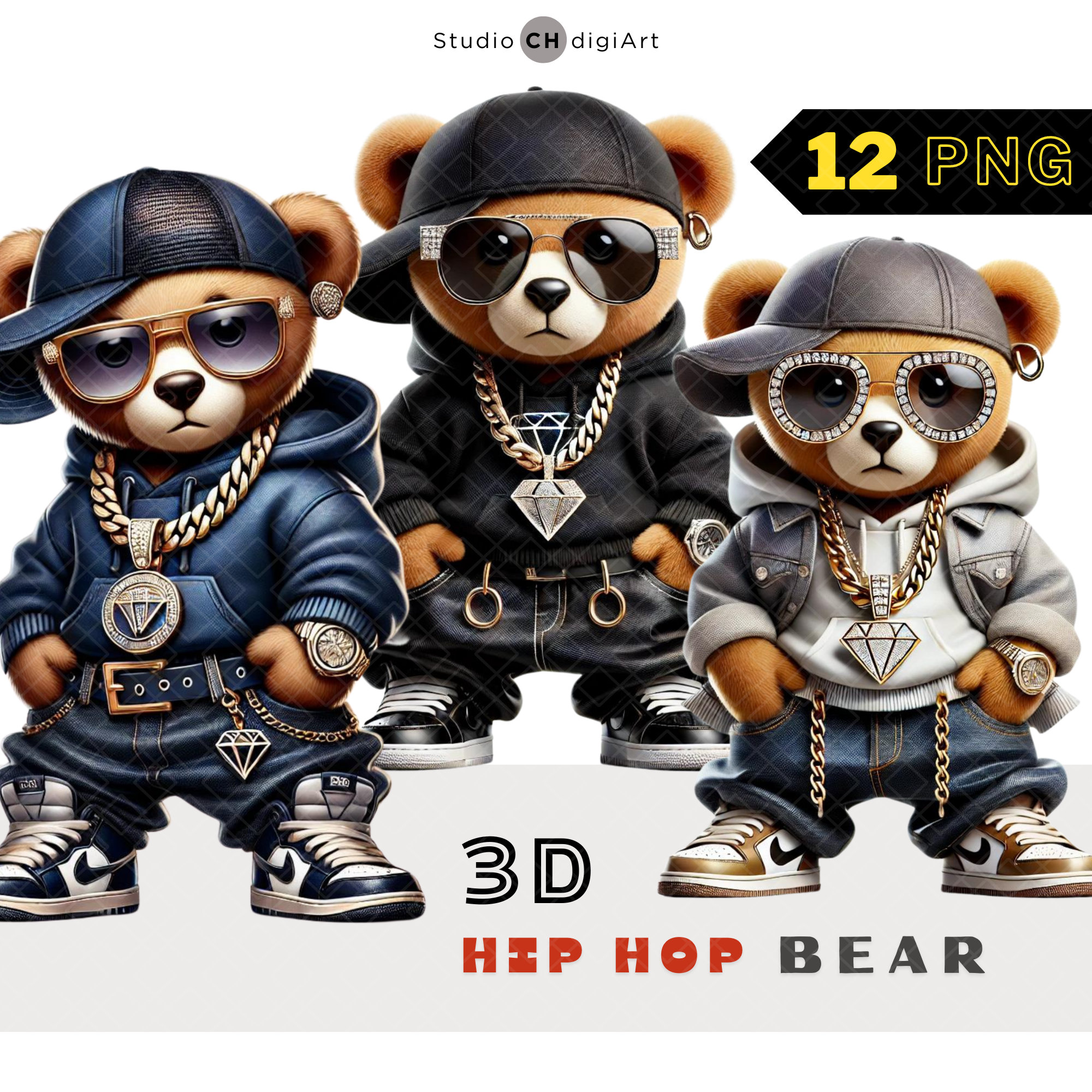 3D Hip Hop Bear Clipart, 12 High Quality PNG Files, 3D Teddy Bear ...