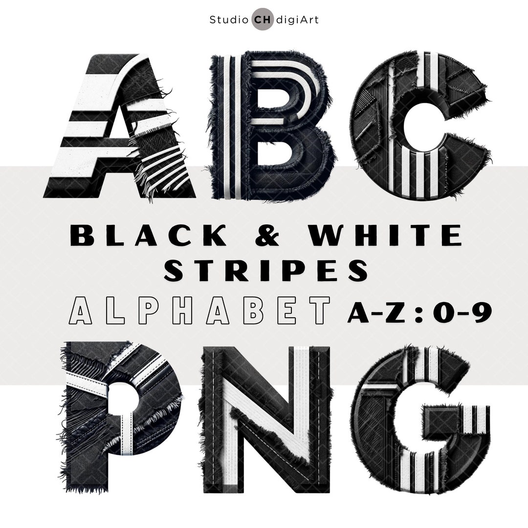 Striped Monogram Alphabet Letters & Numbers, 3D Sport Font, Black and ...