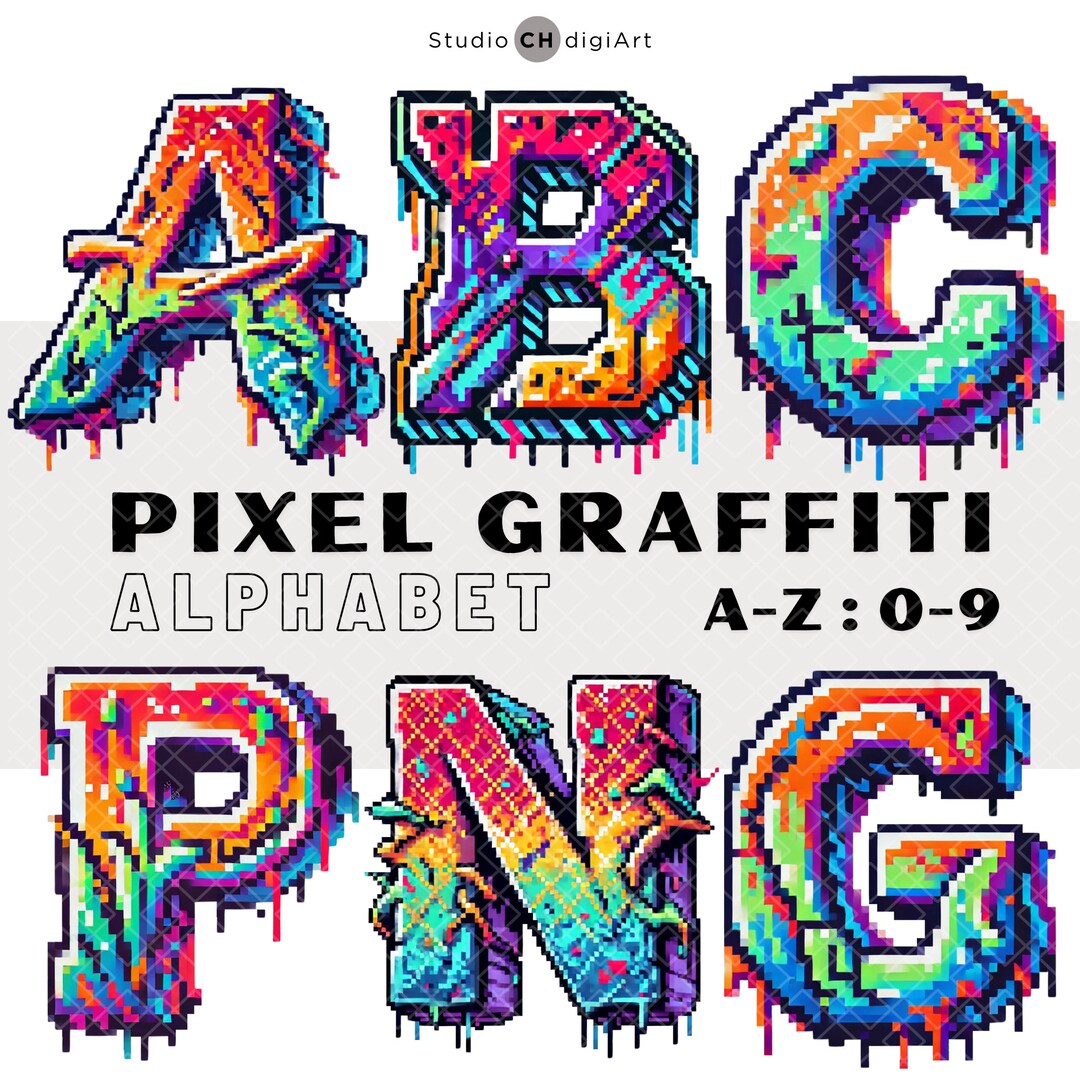 Pixel Graffiti Alphabet Letters & Numbers, Pixel Alphabet PNG, Graffiti ...