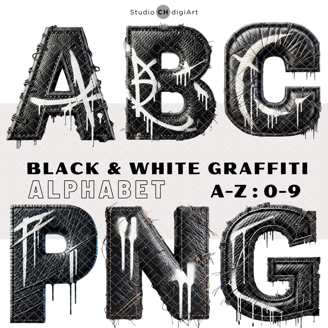 Black and White Graffiti Alphabet Letters & Numbers, Leather Alphabet ...