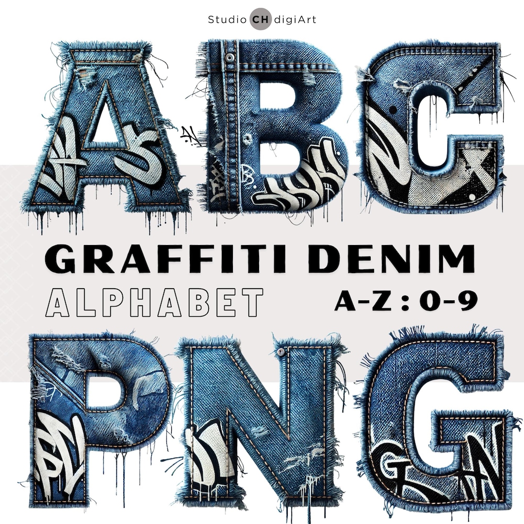 Graffiti Denim Alphabet Letters & Numbers, Graffiti Font, Blue Denim ...