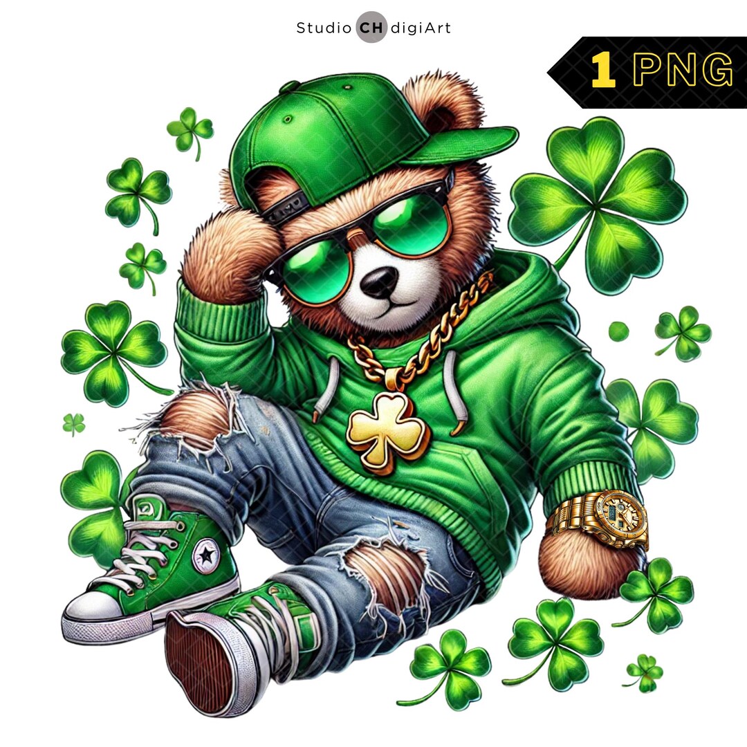 St Patrick's Day Teddy PNG, St Patrick's Day Bear Clipart, Hip Hop ...