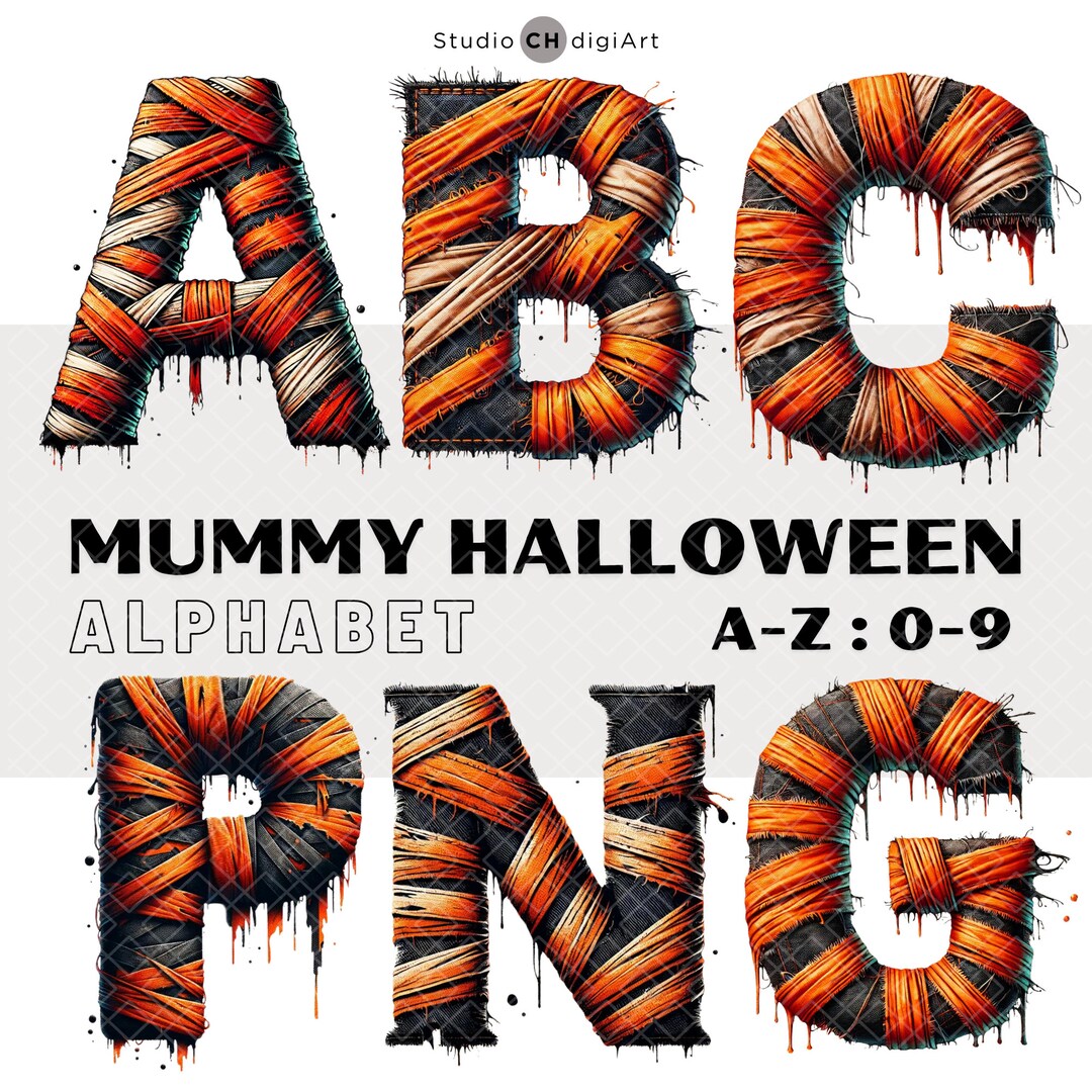 Mummy Halloween Alphabet Letters & Numbers, 3D Halloween Font, Black ...