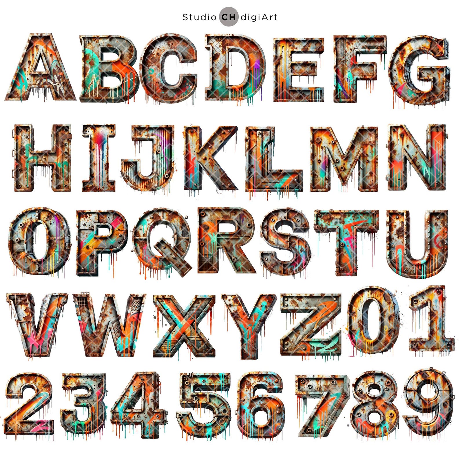 Rusty Graffiti Alphabet Letters & Numbers, Rustic Alphabet PNG ...