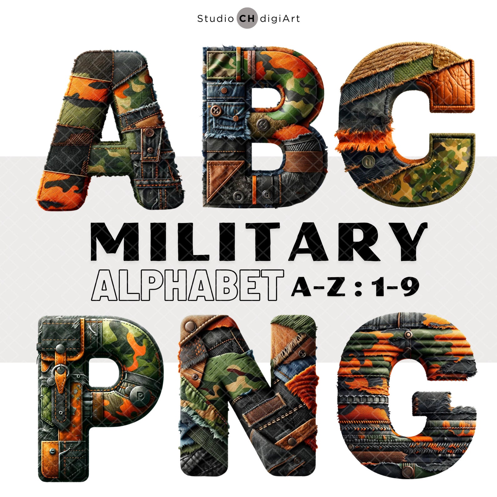 Military Alphabet Letters & Numbers, Orange Camouflage Letter ...