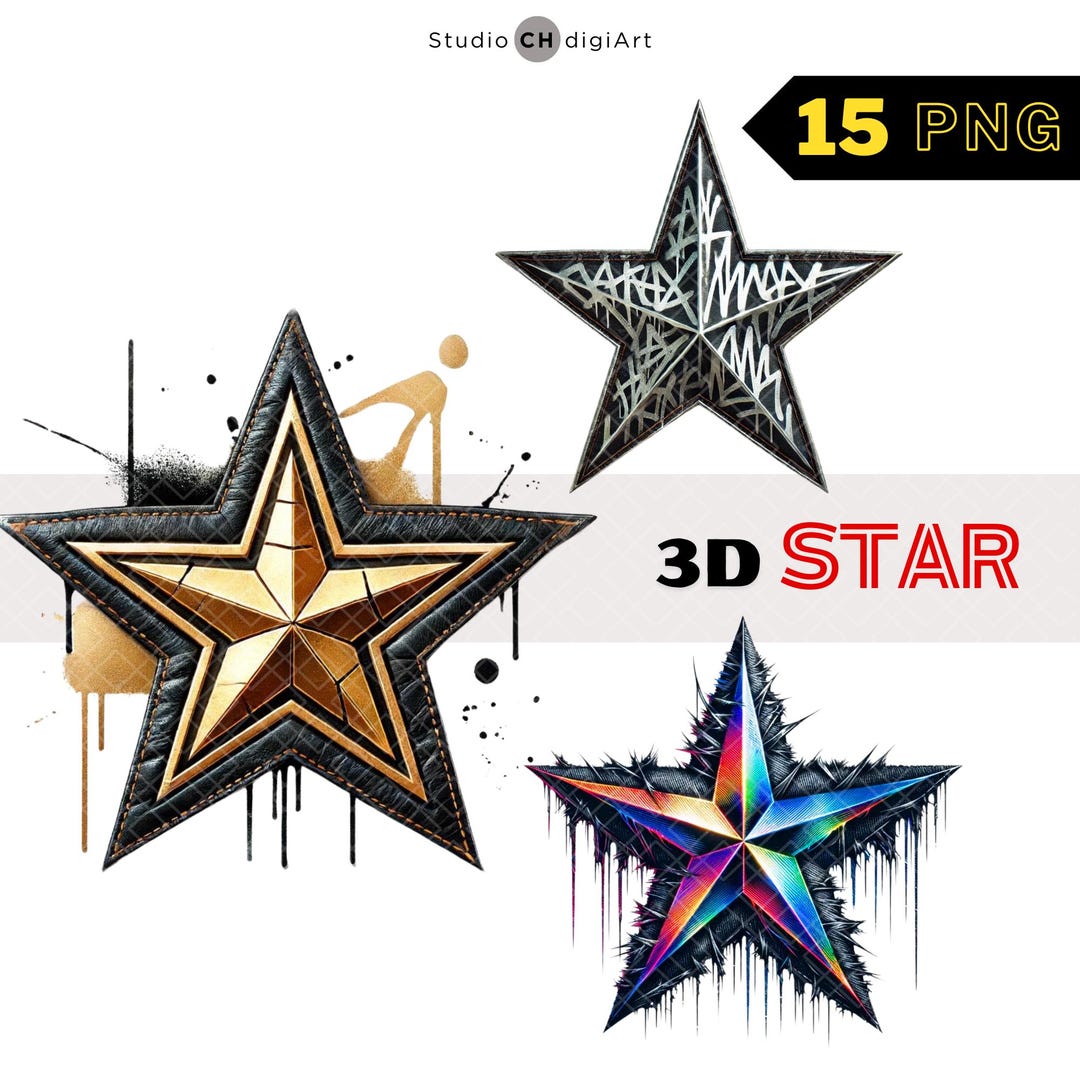 3D Star PNG, Star Clipart, Graffiti Star Clipart, Denim Star, Golden ...