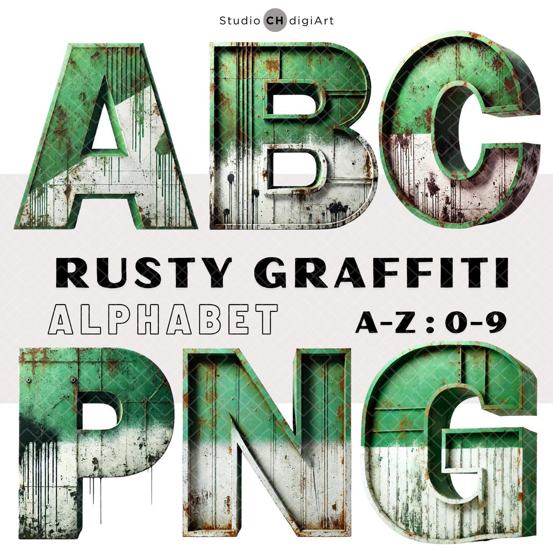 Rusty Graffiti Alphabet Letters & Numbers, Rustic Green Alphabet PNG ...