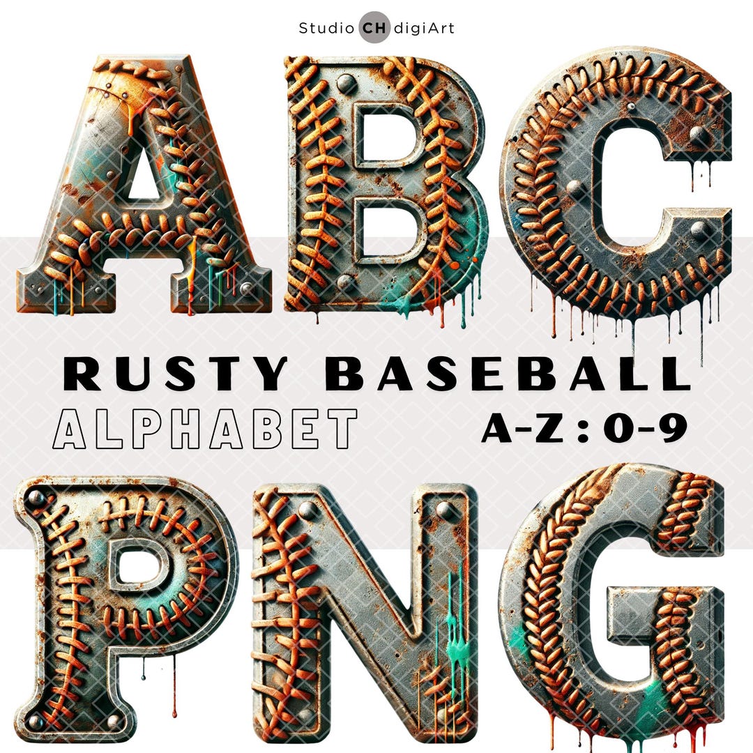 Rusty Baseball Alphabet Letters & Numbers, Baseball Font, Rusty Font ...