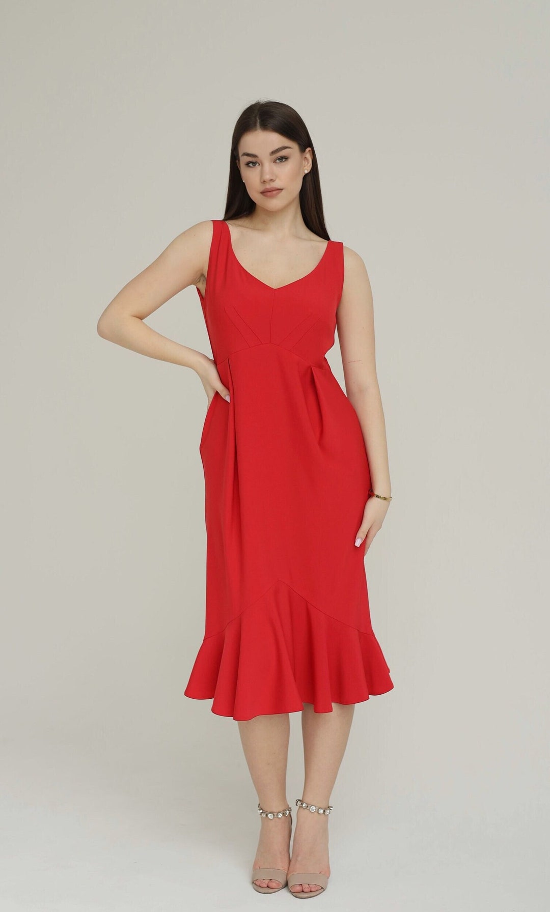 Red Cocktail Dress, V Neck Dress, Red Dresses With Wide Straps, Solid ...