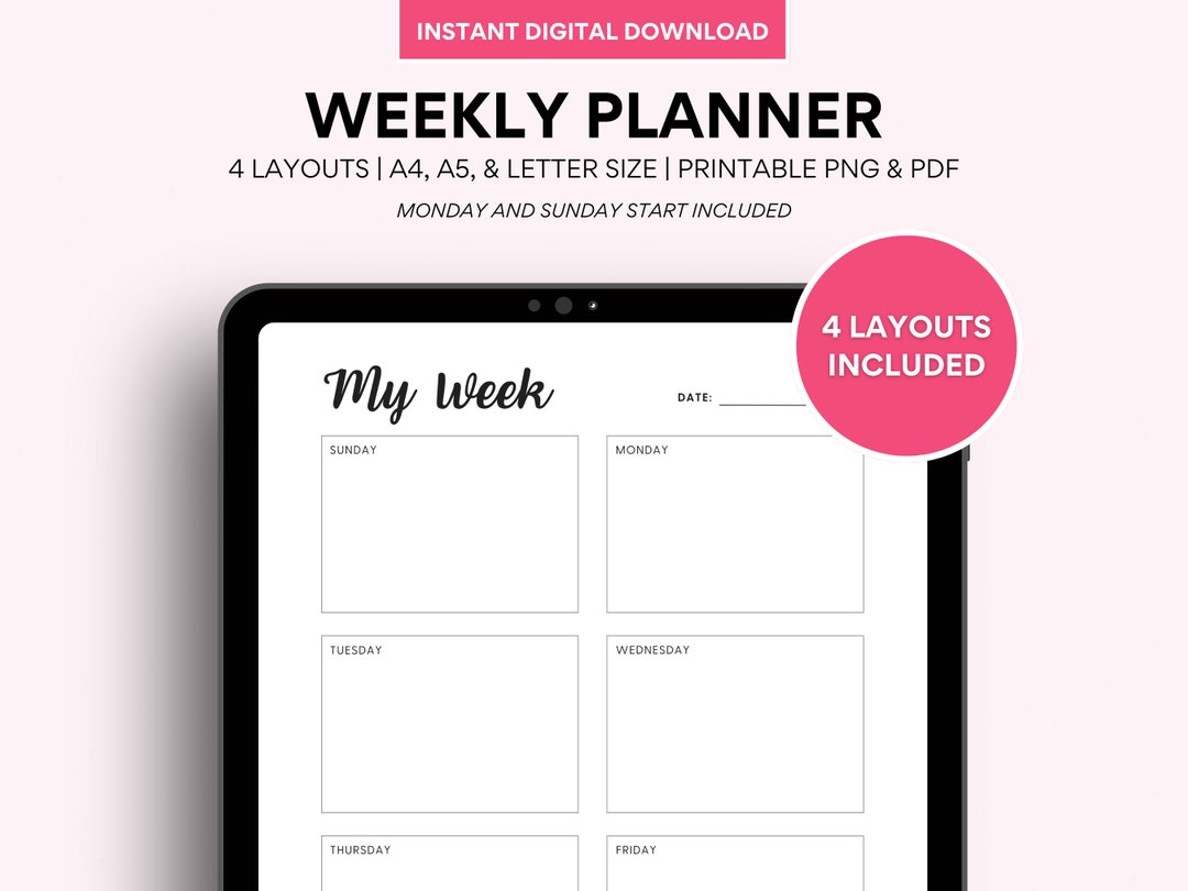 Minimalist Weekly Schedule, Weekly Organizer, Weekly Planner Printable ...