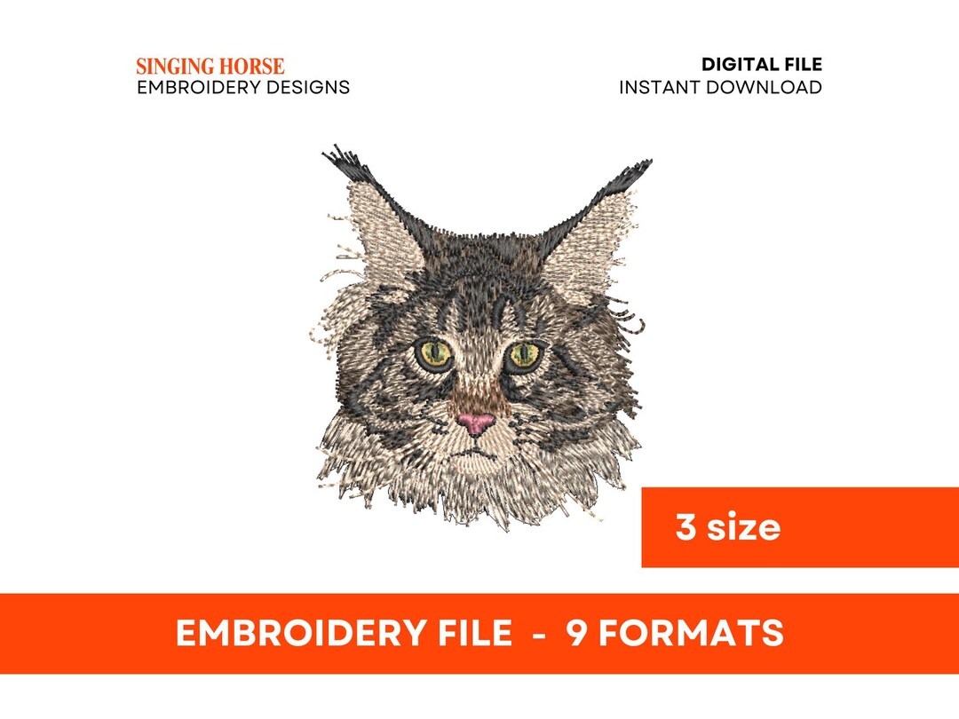 Maine Coon Cat Embroidery Design – Realistic Machine Embroidery File ...