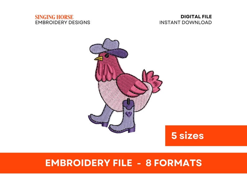 Chicken Embroidery Design - 5 Sizes - Cowgirl Chicken Wearing Cowboy ...
