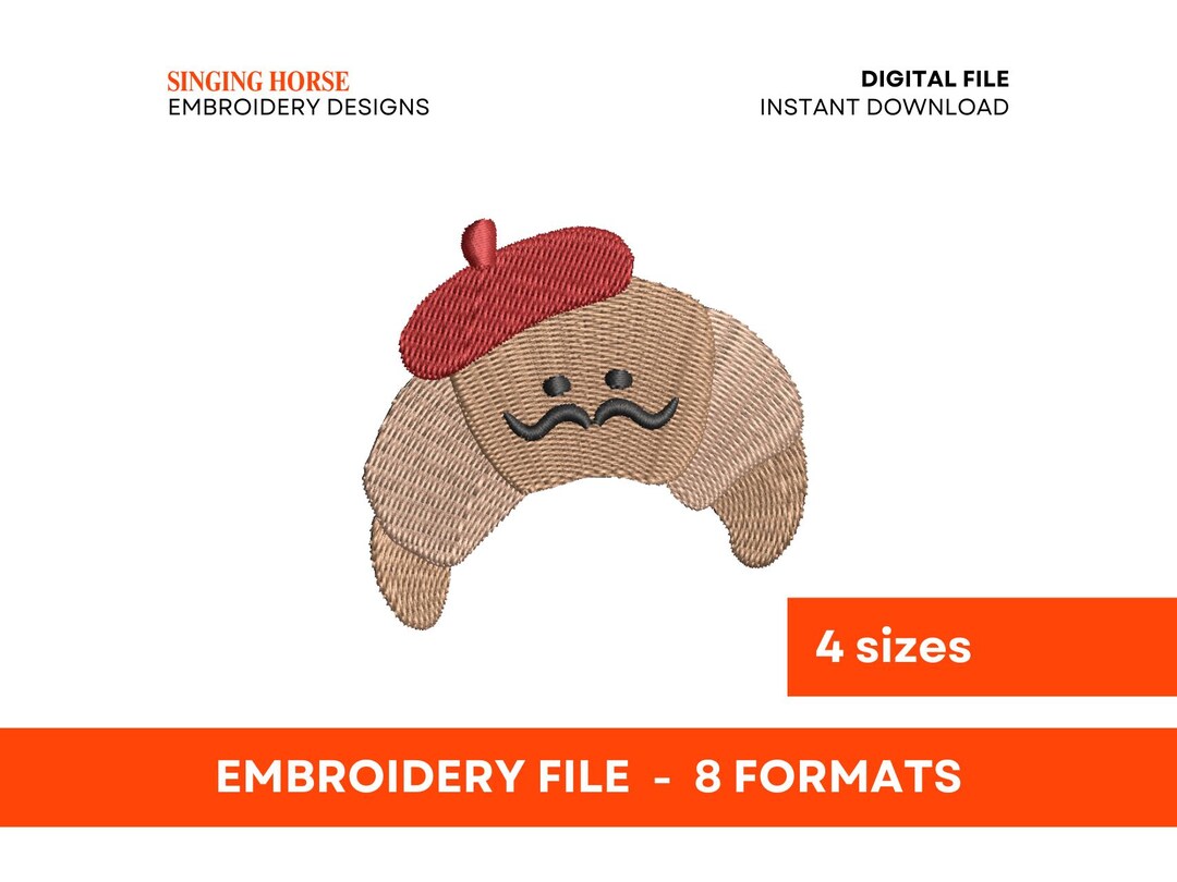 Croissant With Mustache and Beret Embroidery Design – 4 Sizes (instant ...