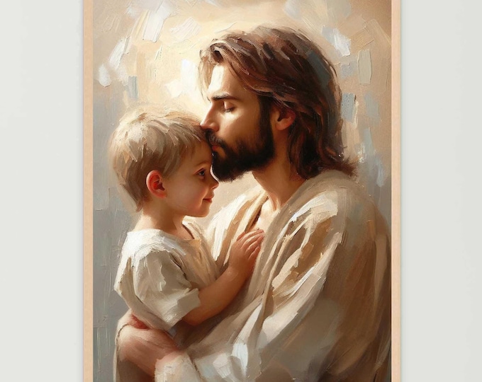 Gesegnet vom Retter, moderne christliche Kunst, Jesus mit Mädchen ...