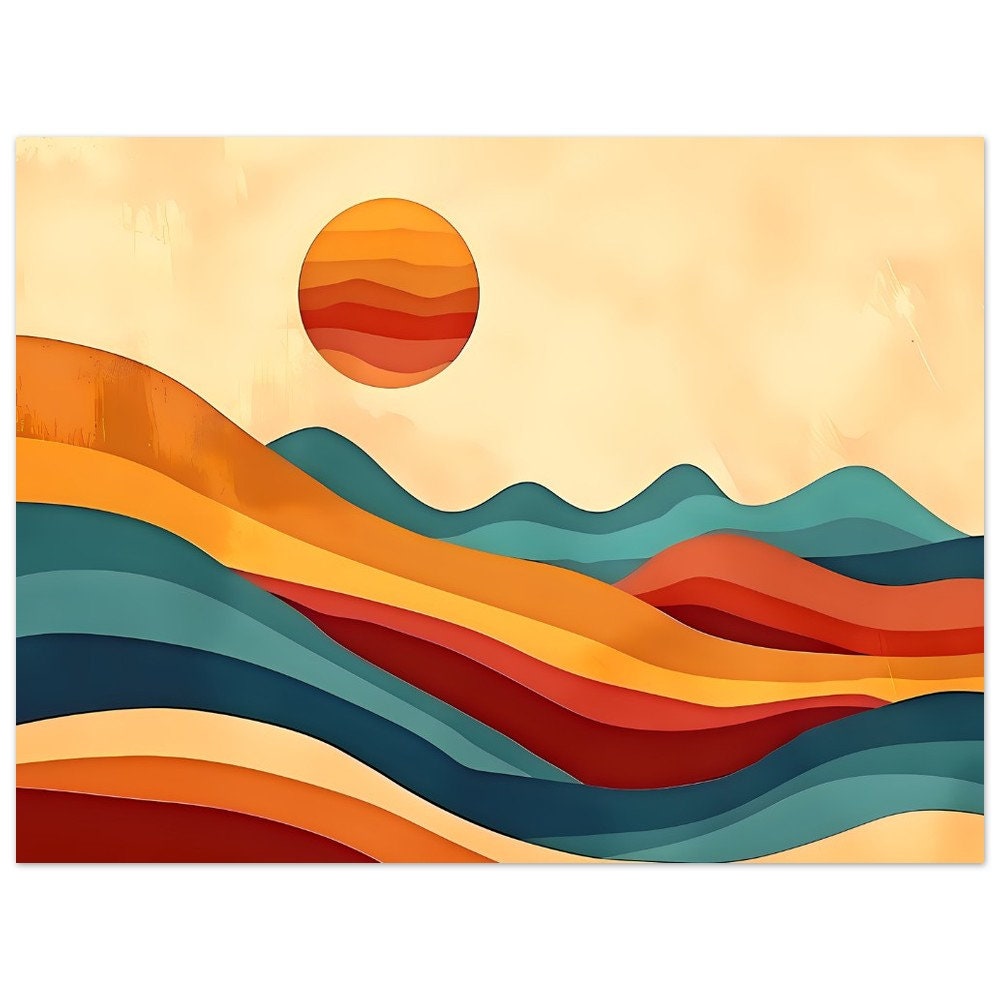 Abstract Sunset Landscape Canvas Art Wavy Desert Hills Illustration ...