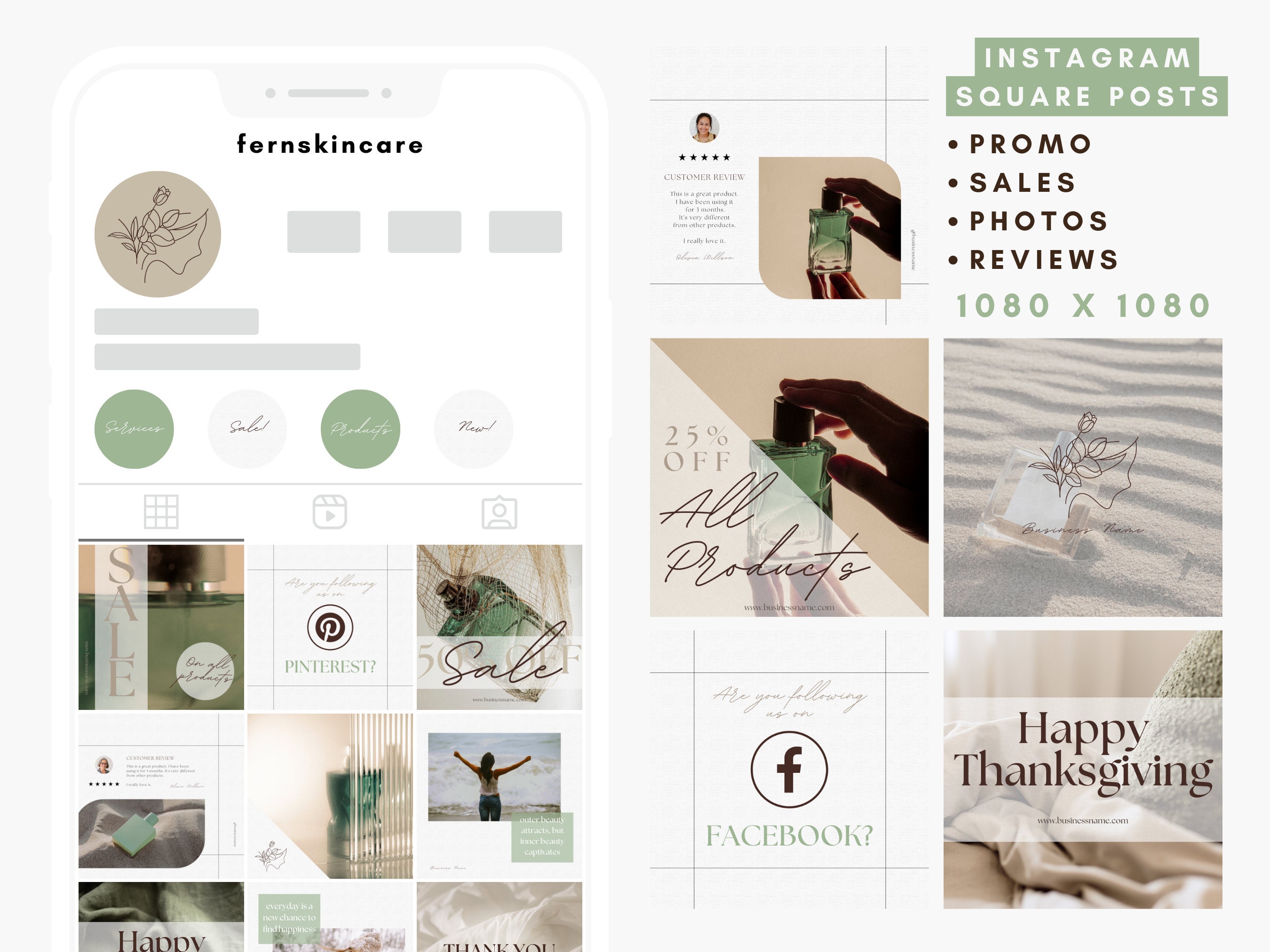 Editable Instagram Template Bundle Canva Templates Fern Sage Green ...