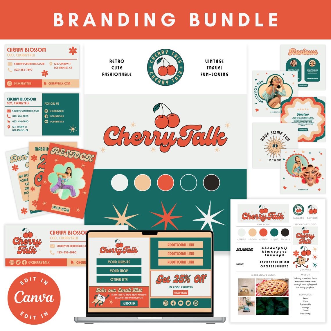 FULL Editable Branding Template Bundle | Retro Red Green Cherry Talk ...