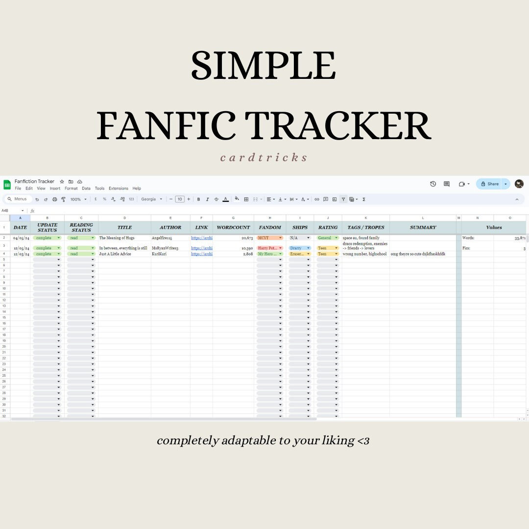 Simple AO3 Fanfiction Tracker Google Sheets - Etsy