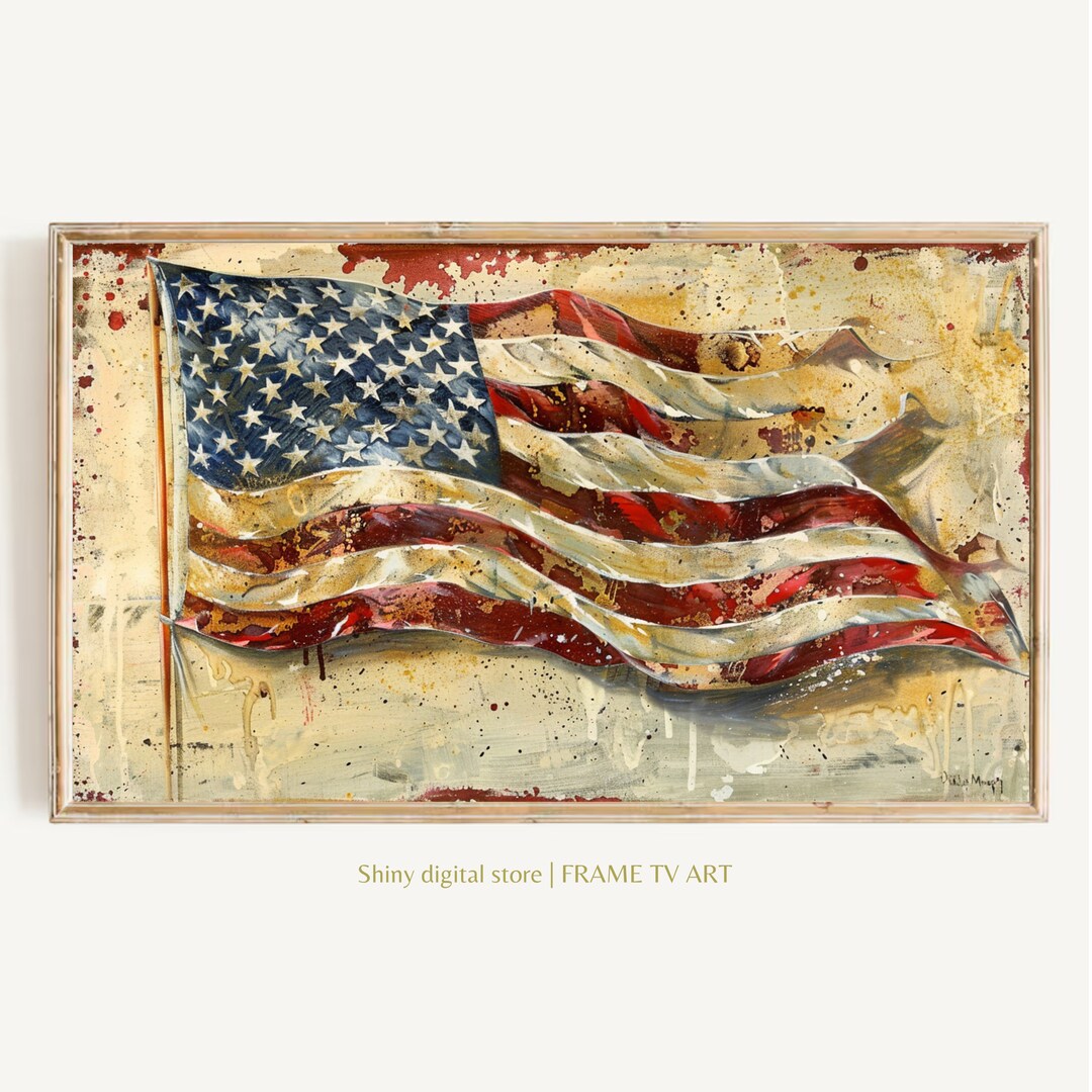 Vintage 4th of July American Flags Frame TV Art Rustic Patriotic Oil ...