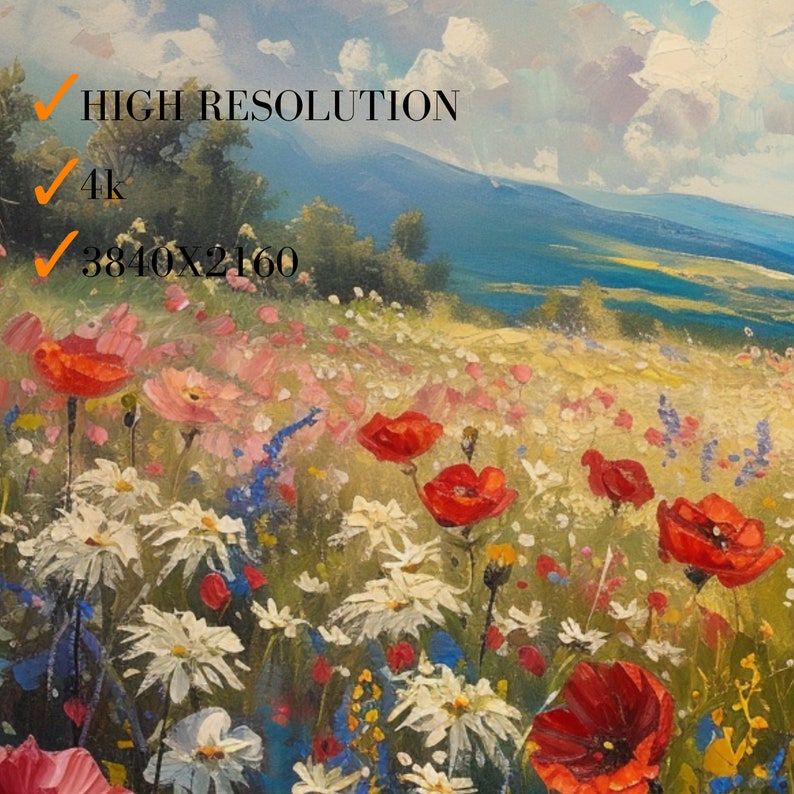 Spring Flowers Frame Flower Field Vintage Oil Painting Cottagecore Wall ...