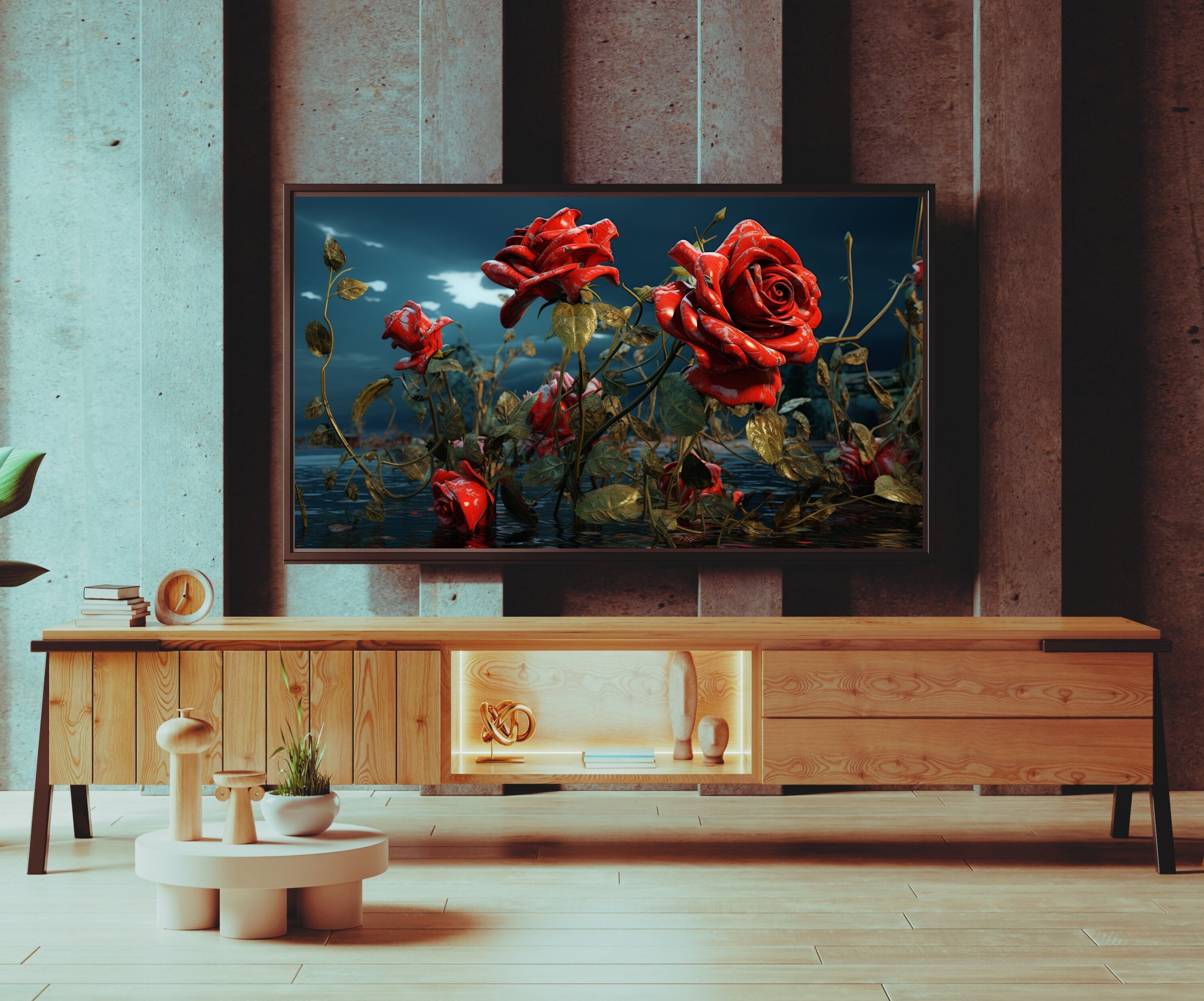 4K Digital Frame TV Artwork, Impressionist Red Roses on Blue Van Gogh ...