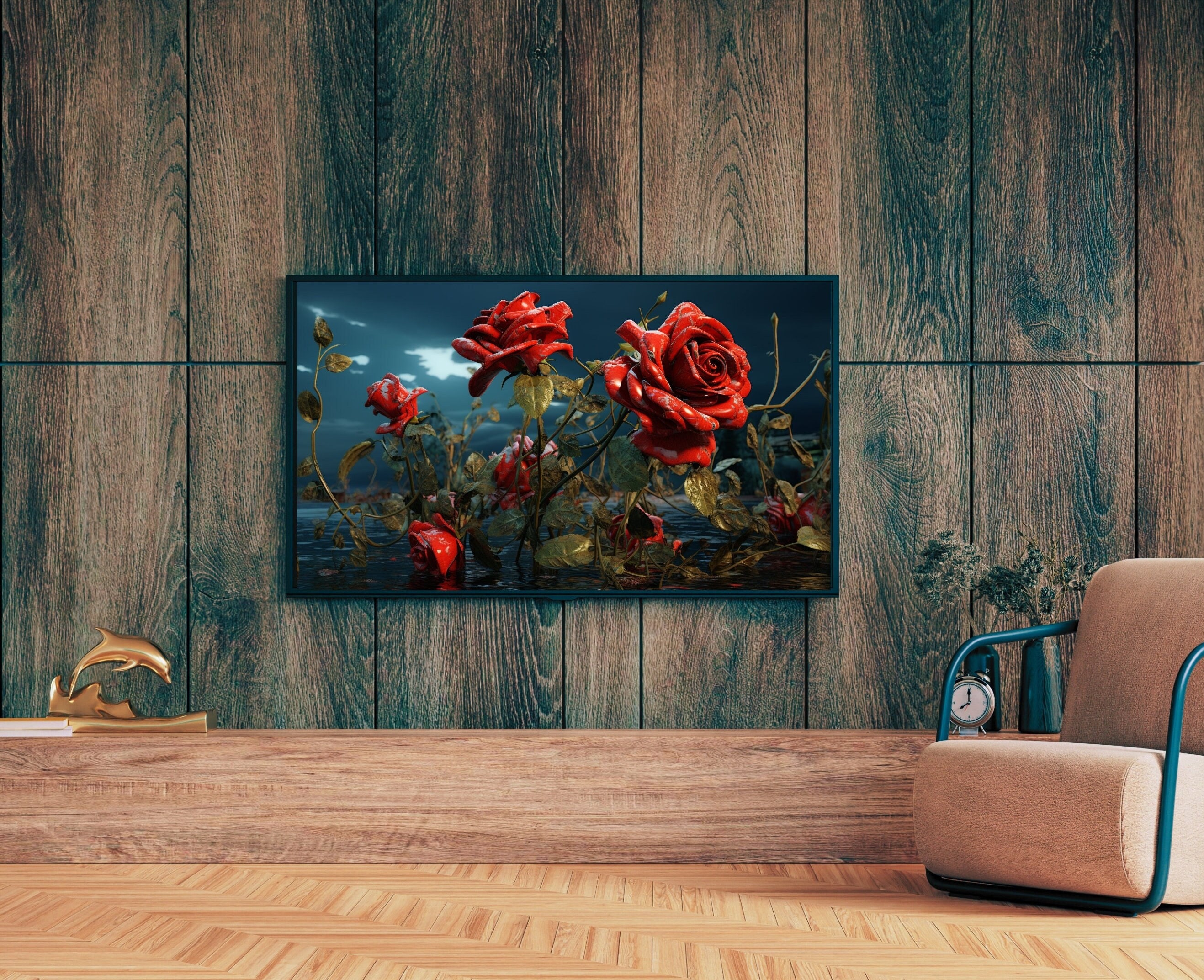 4K Digital Frame TV Artwork, Impressionist Red Roses on Blue Van Gogh ...
