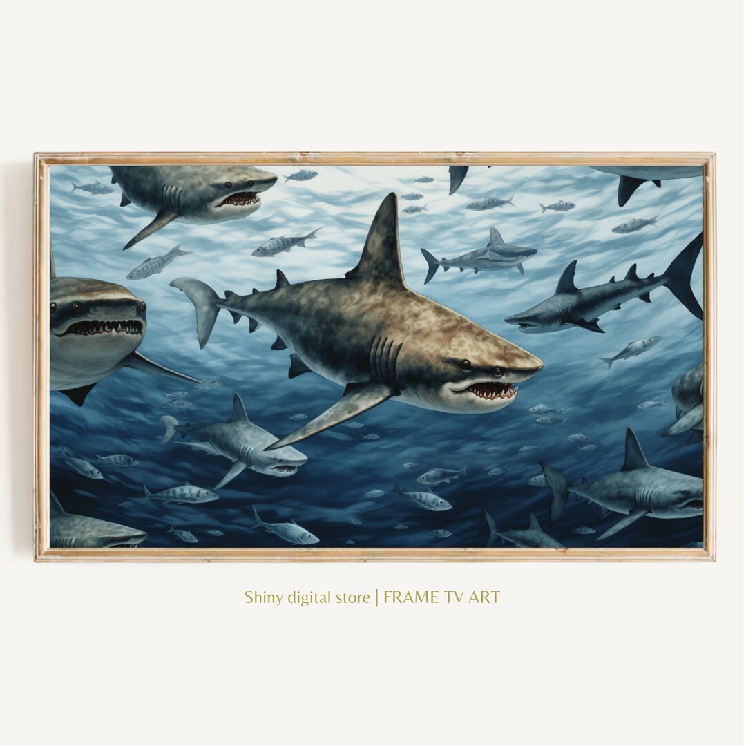 Shark FRAME TV Art Modern Oil Painting, Ocean Frame Tv Downloads, Blue ...