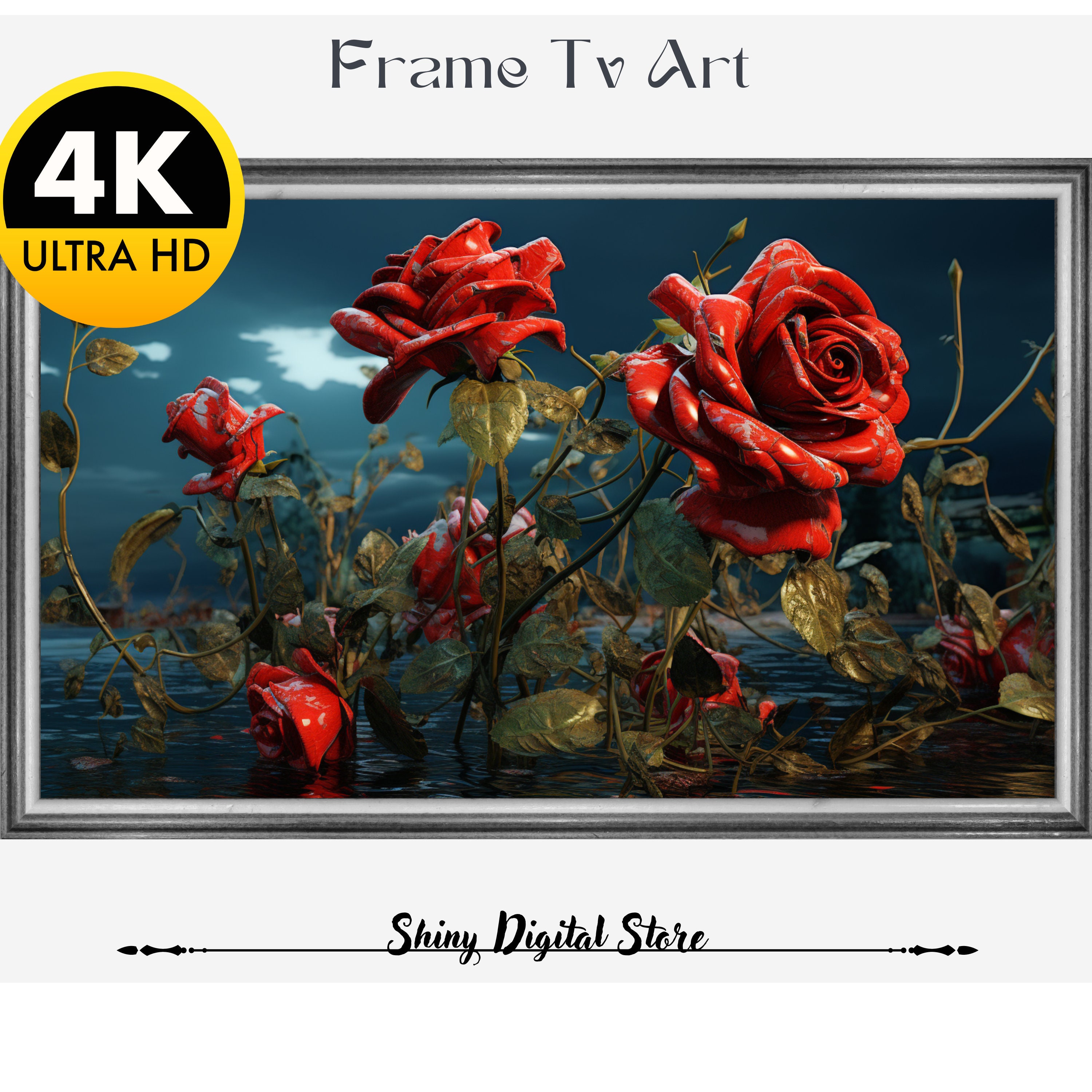 4K Digital Frame TV Artwork, Impressionist Red Roses on Blue Van Gogh ...